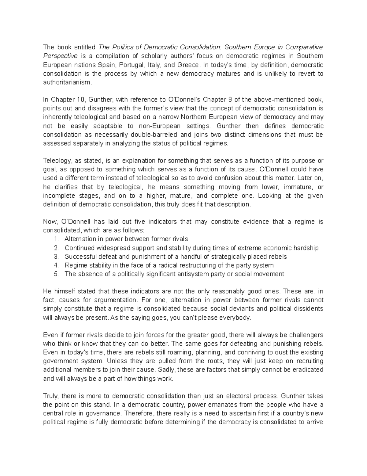 Position Paper - none - The book entitled The Politics of Democratic ...