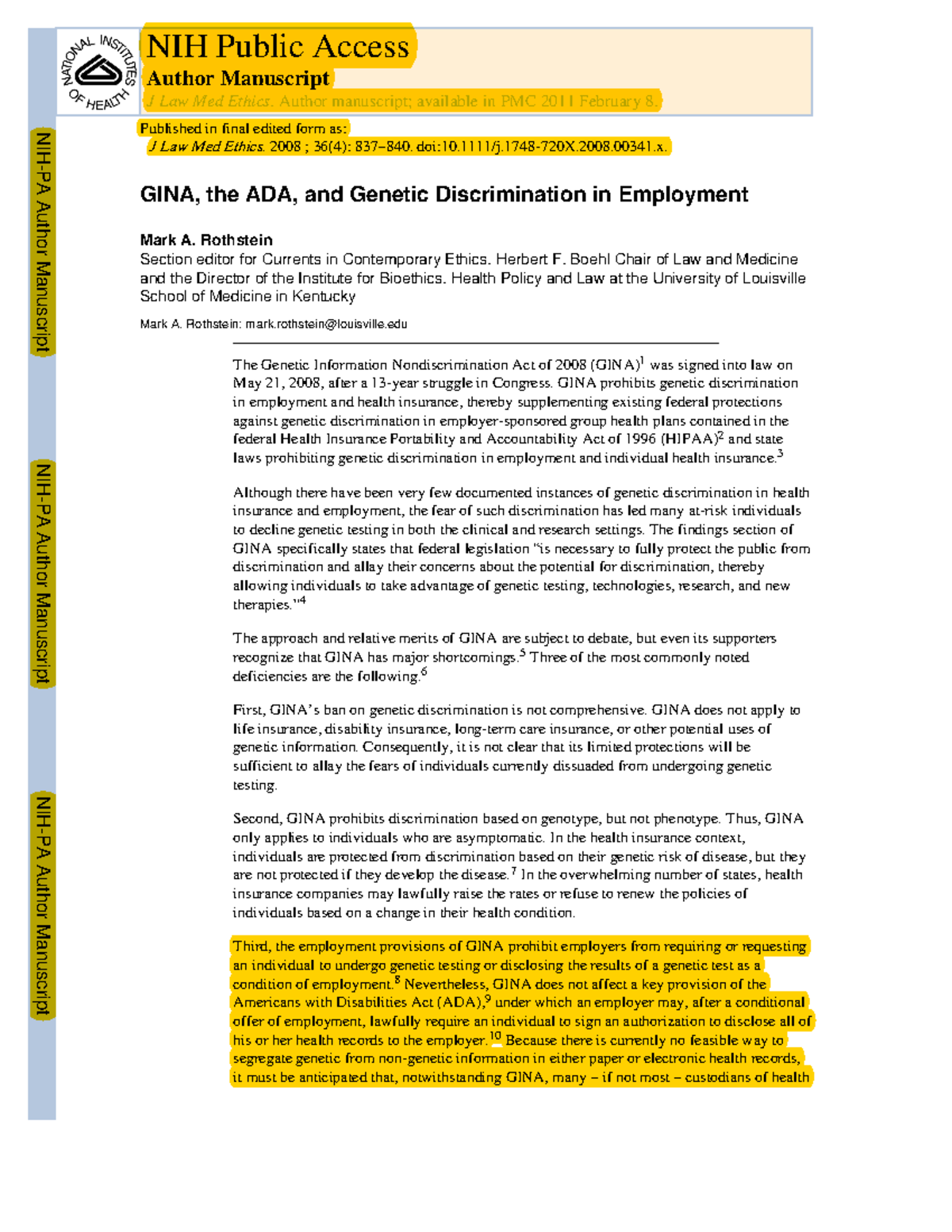 Genetic Discrimination in Employment - Rothstein Section editor for ...