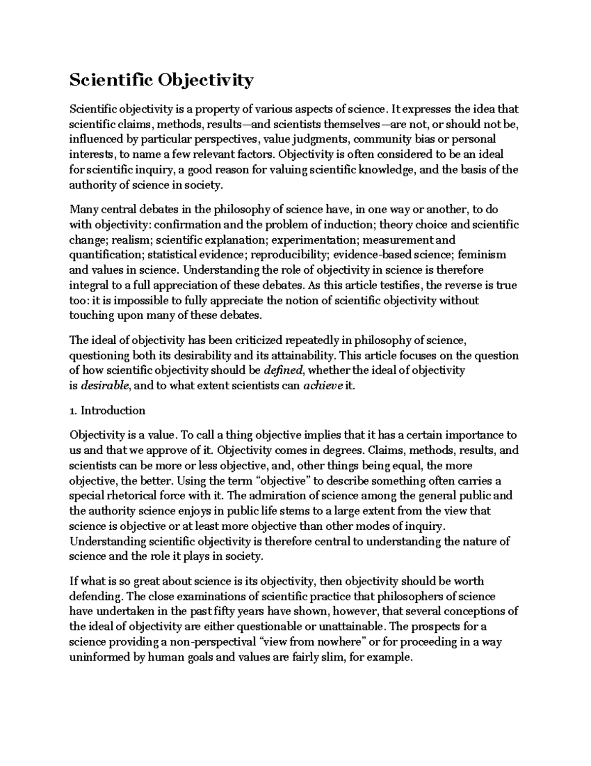 Lecture in Scientific Objectivity - Scientific Objectivity Scientific ...