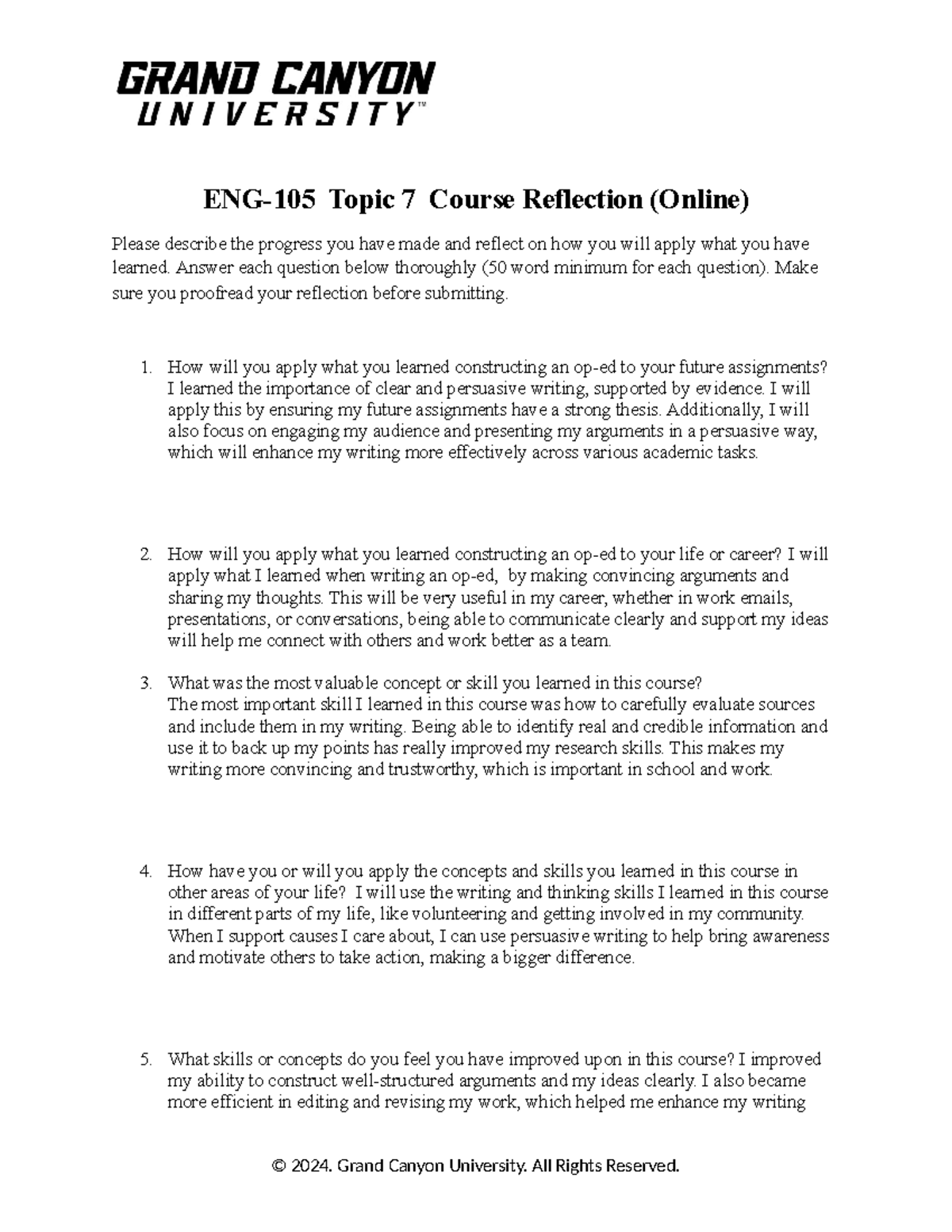 ENG-105ONL-T7-Course Reflection - ENG-105 Topic 7 Course Reflection ...