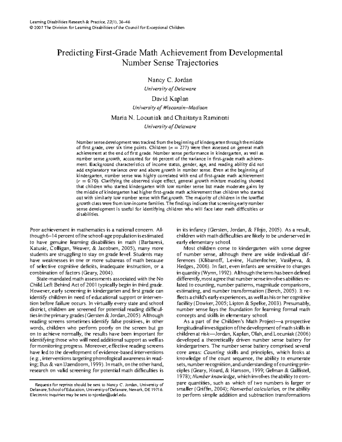 Jordan et al 2007 - ARTIGO - Learning Disabilities Research & Practice ...