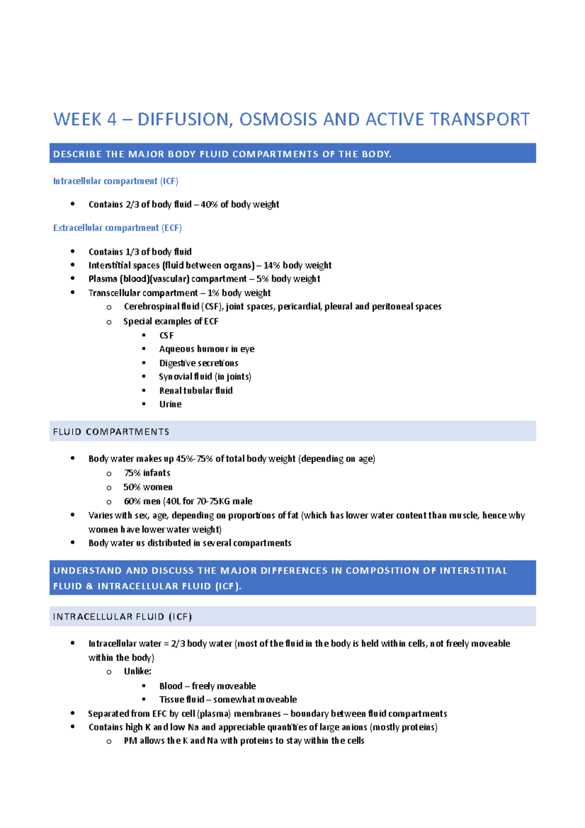 1014 Weeks 4-6 Learning objectives - WEEK 4 – DIFFUSION, OSMOSIS AND ACTIVE TRANSPORT DESCRIBE ...