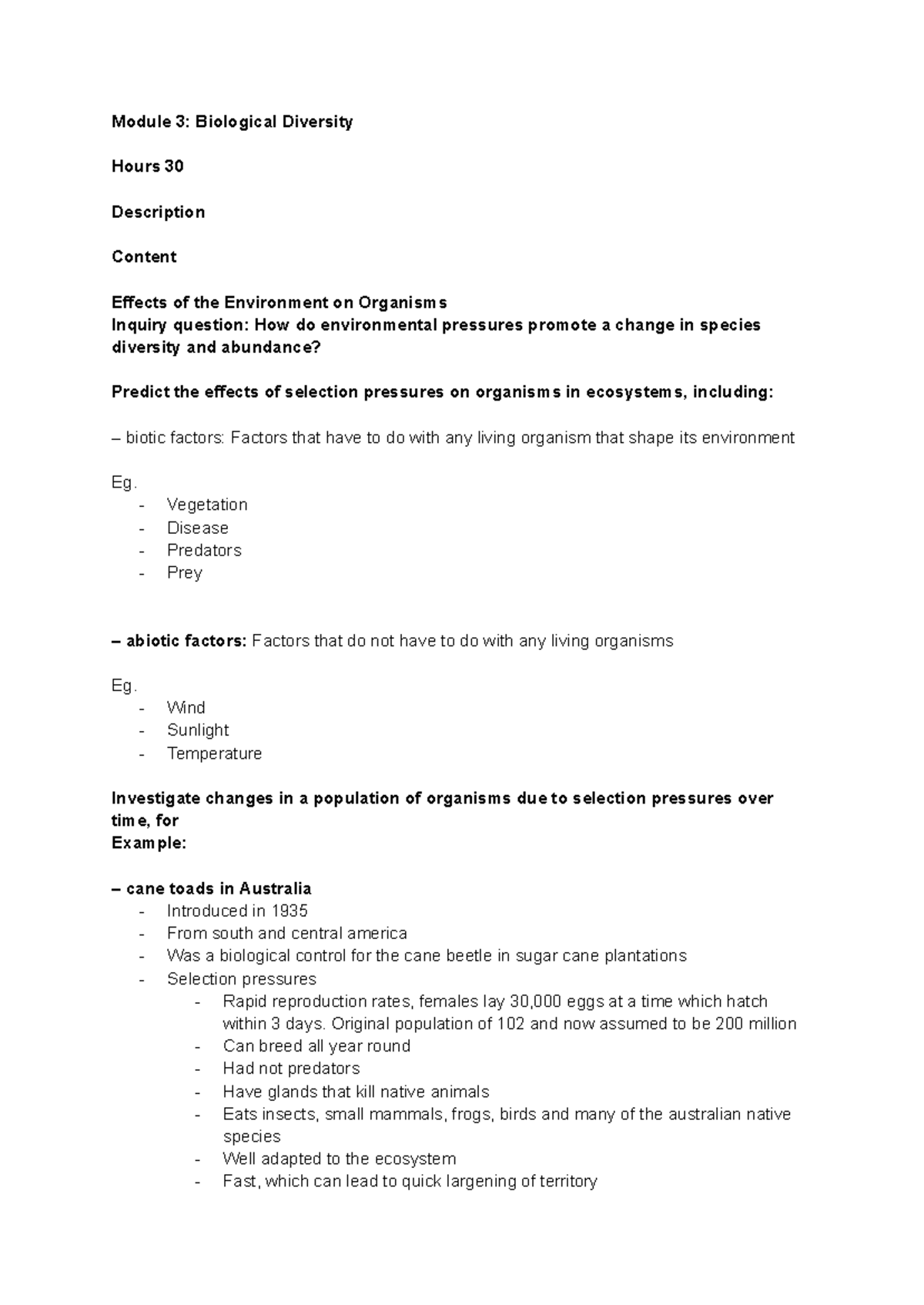 Module 3 Biological Diversity - Module 3: Biological Diversity Hours 30 ...
