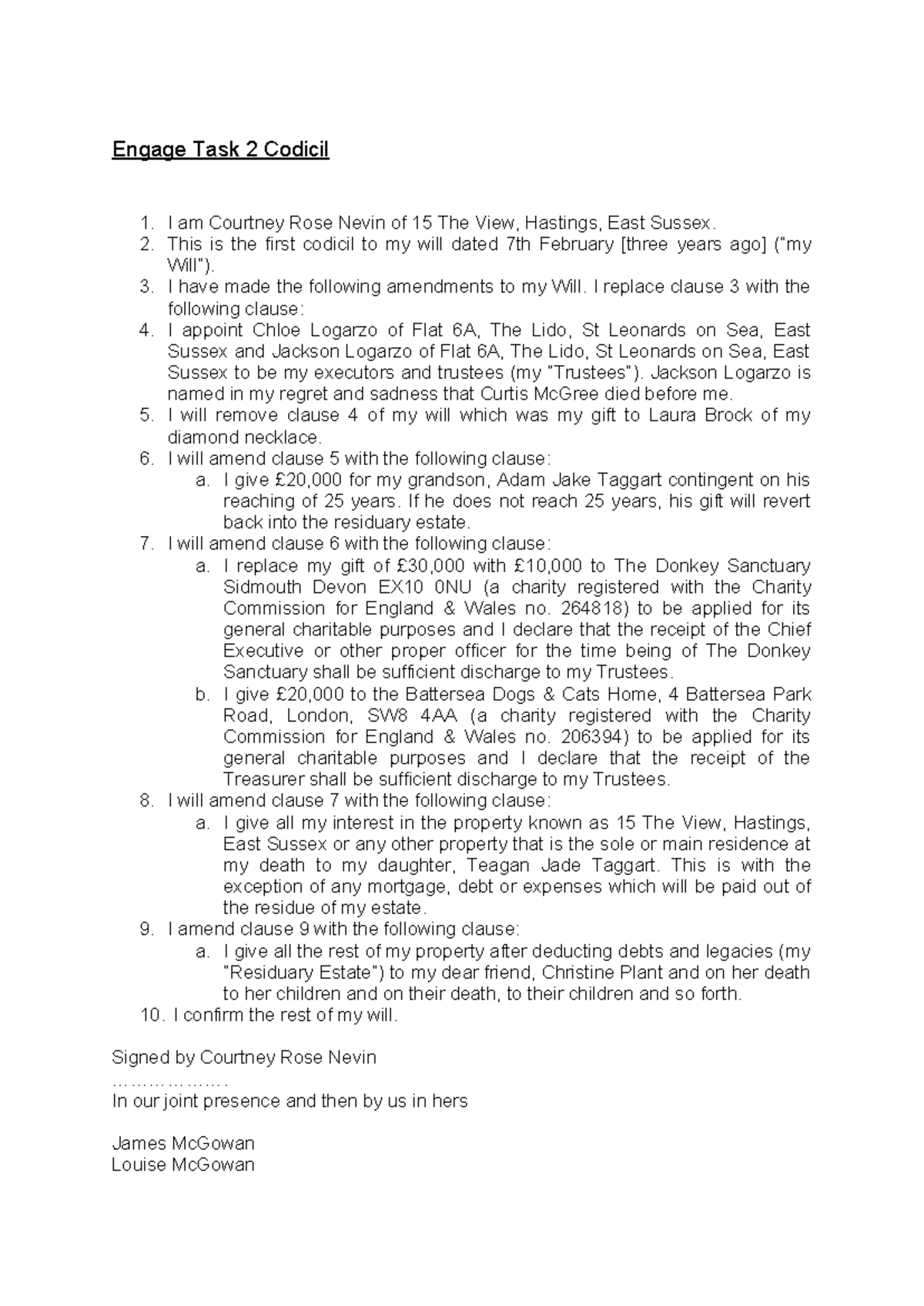 Example of a codicil - Engage Task 2 Codicil 1. I am Courtney Rose ...