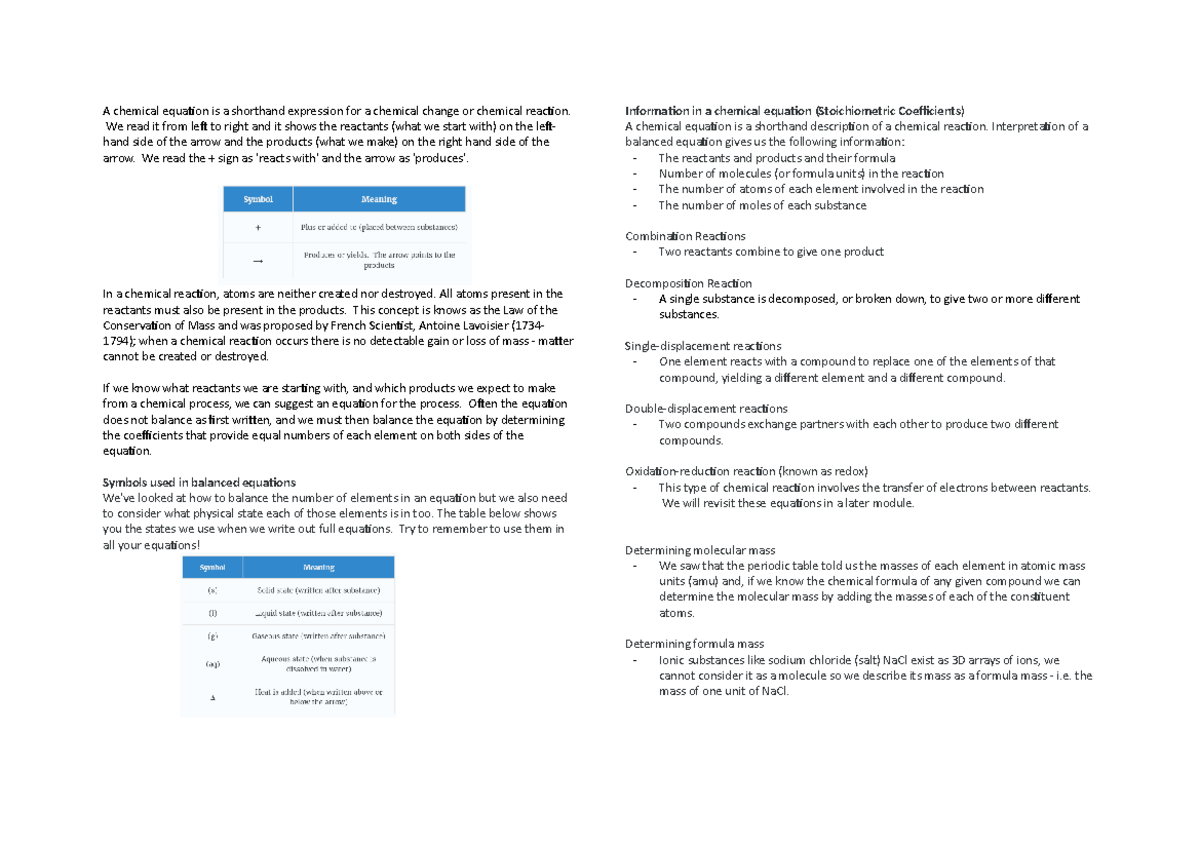 Lecture - Week 3 Notes - A chemical equation is a shorthand expression ...