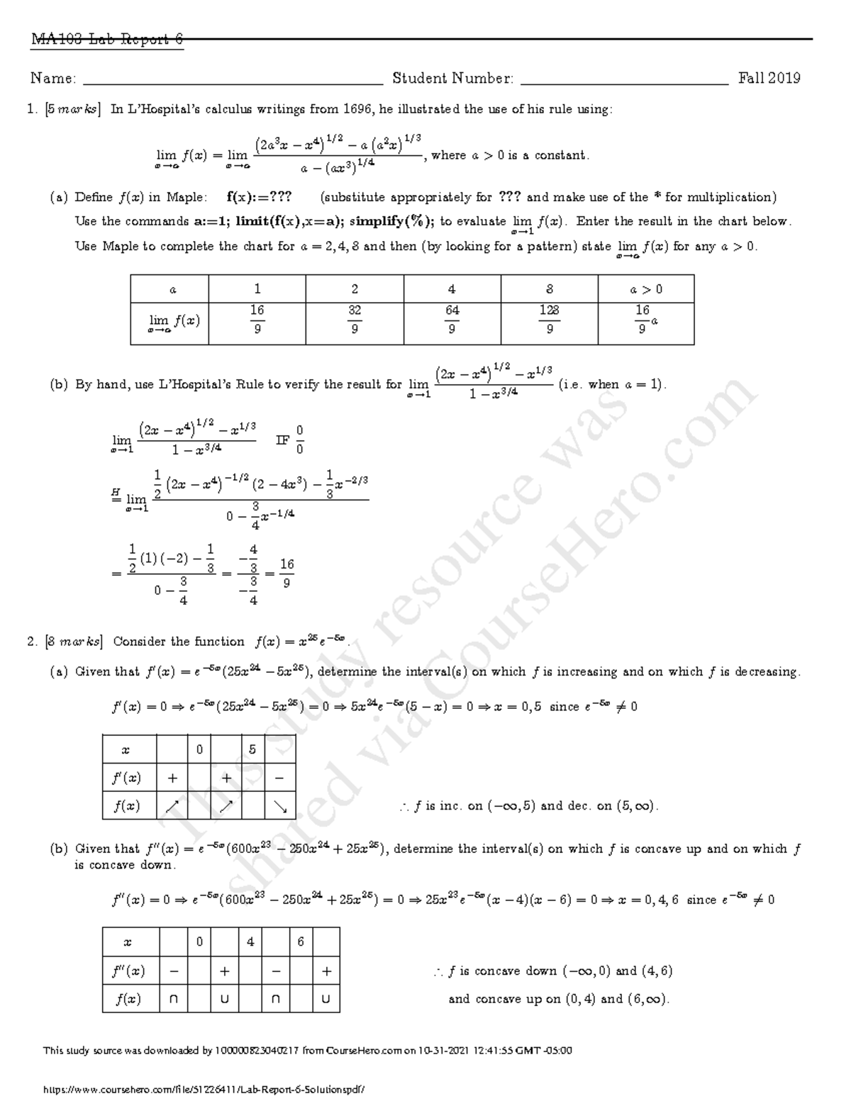 MA103- Lab Report 6 Solutions and questions - MA103 Lab Report 6 Name ...