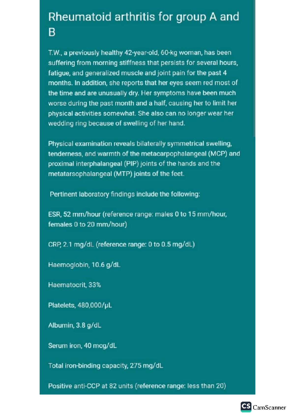 Tutorial 6(week 6) Rheumatoid arthritis case - Clinical Biochemistry ...