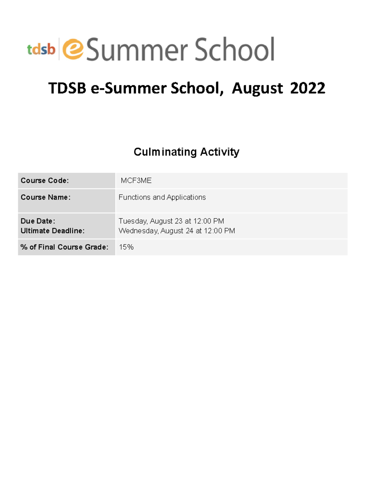 MCF3ME Culminating Activity - TDSB e-Summer School, August 2022 ...