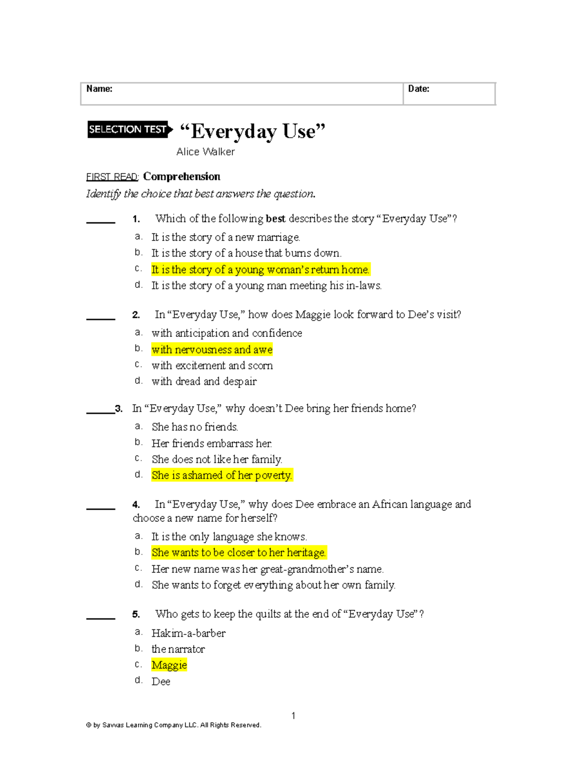 Everyday Use - Selection Quiz - Name: Date: “Everyday Use” Alice Walker ...