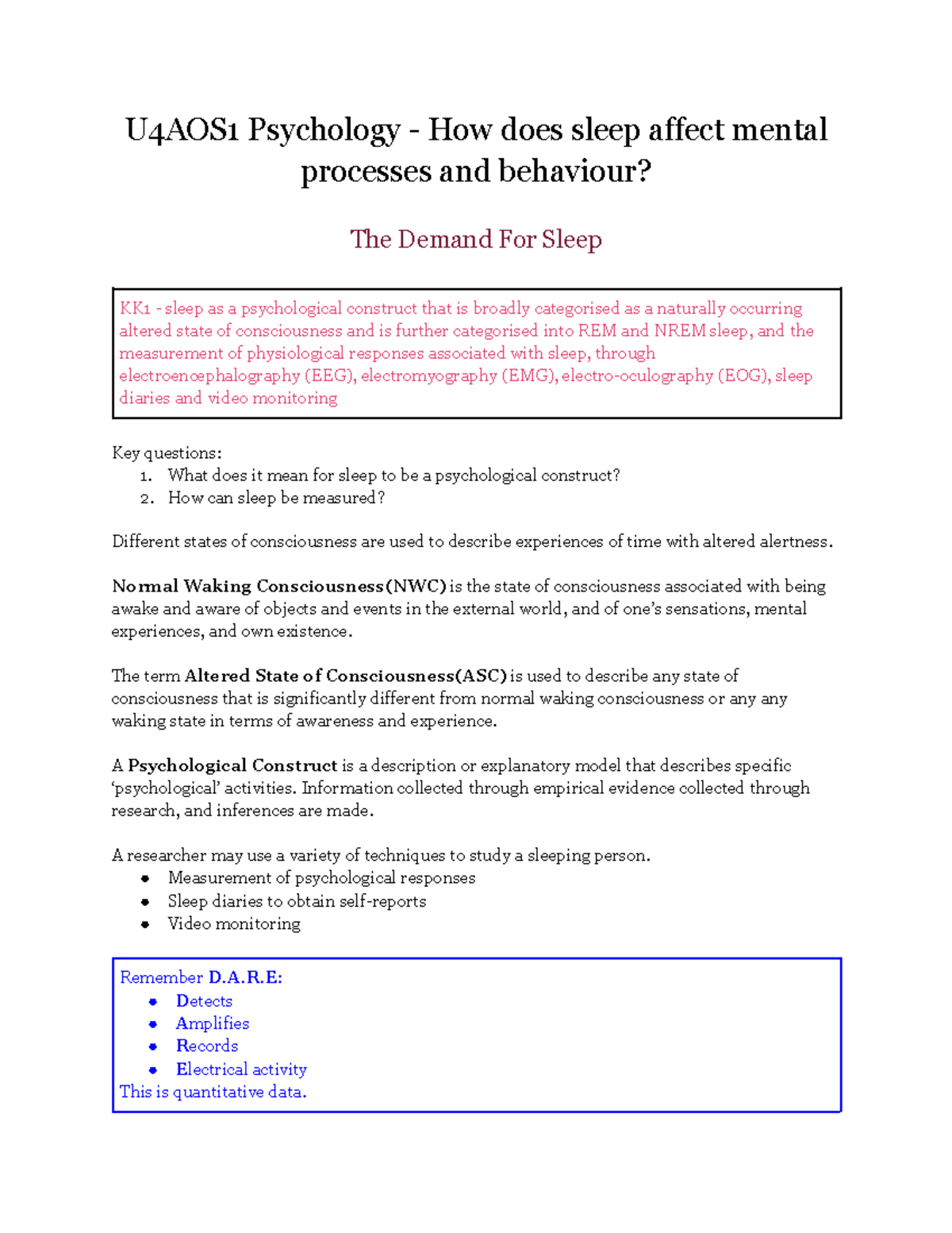 U4AOS1 Psychology - Normal Waking Consciousness(NWC) is the state of ...