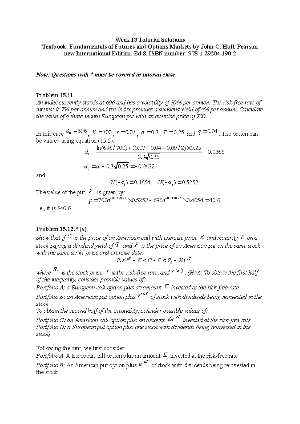 Tutorial Solutions - Week 13 Tutorial Solutions Textbook: Fundamentals ...