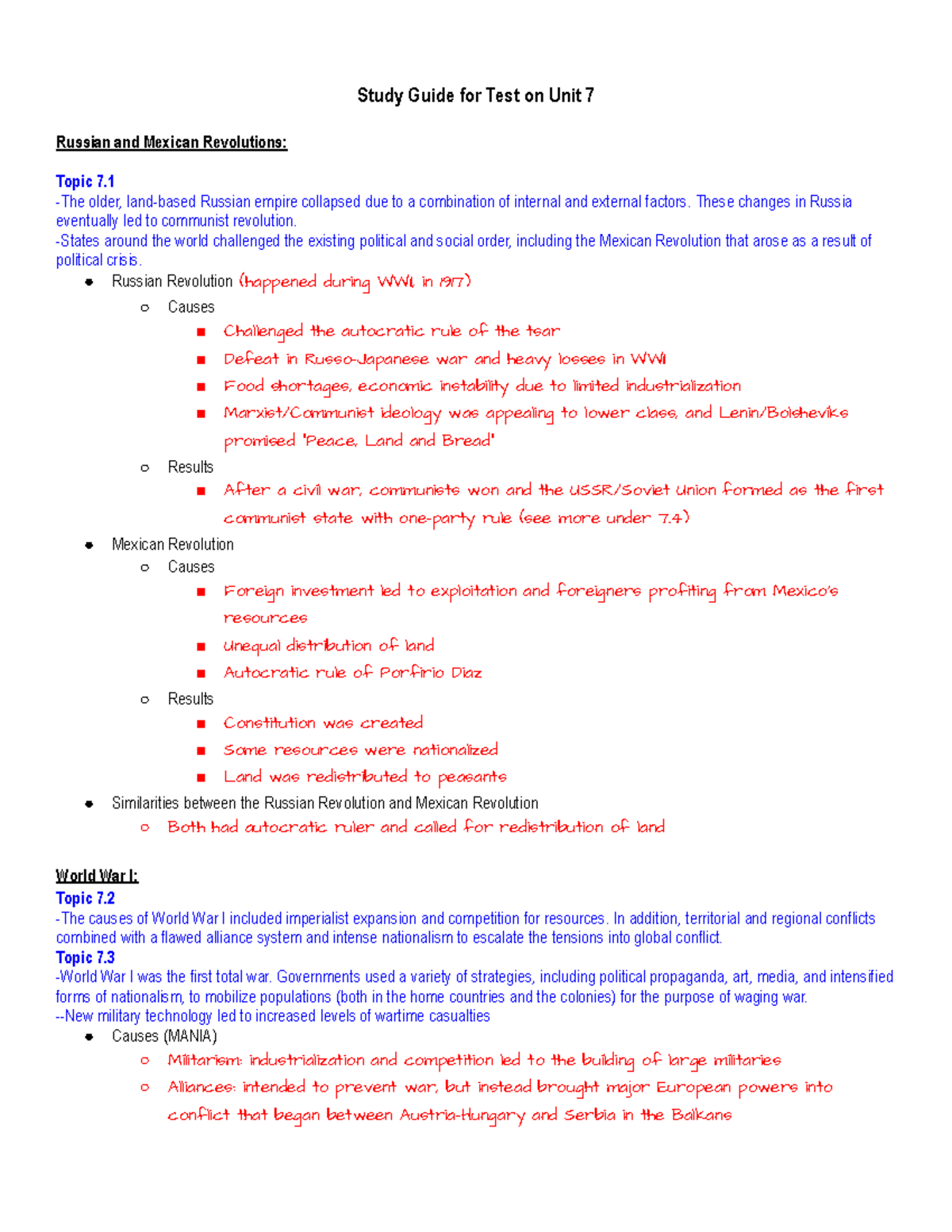 Copy of KEY Study Guide for Unit 7 Test - Study Guide for Test on Unit ...