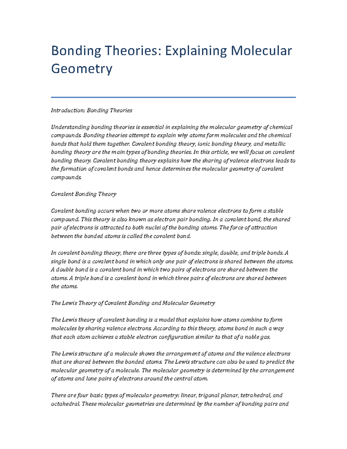 Bonding Theories Explaining Molecular Geometry - Bonding Theories ...