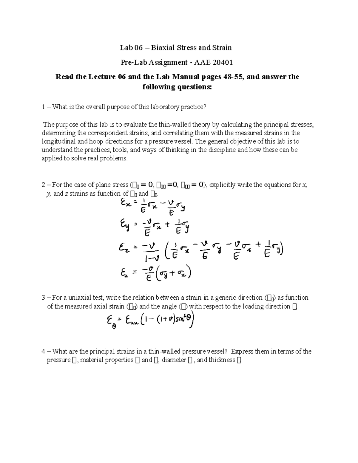 Lab6 prelab - Lab 06 – Biaxial Stress and Strain Pre-Lab Assignment - AAE 20401 Read the Lecture ...