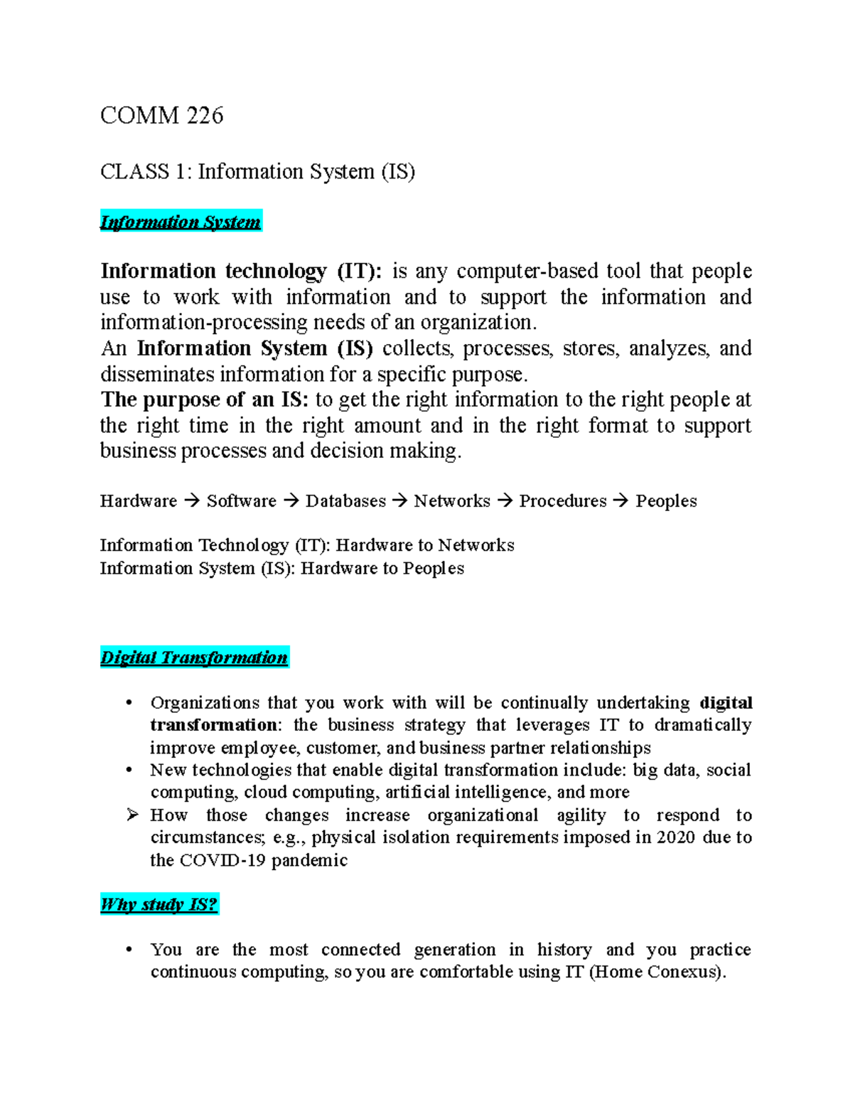 Comm226 - COMM 226 CLASS 1: Information System (IS) Information System ...