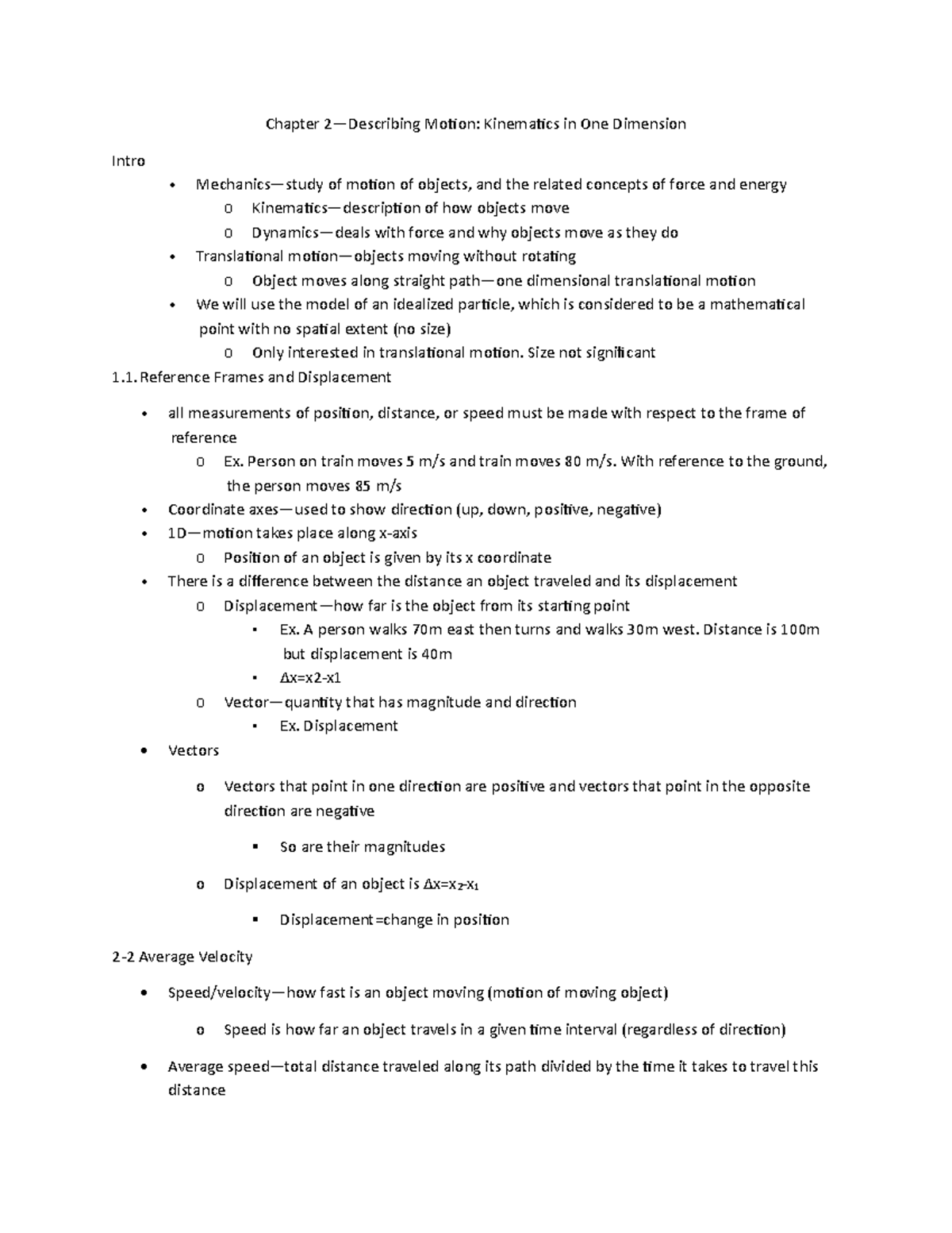 Physics ch 2 notes - Chapter 2—Describing Motion: Kinematics in One ...