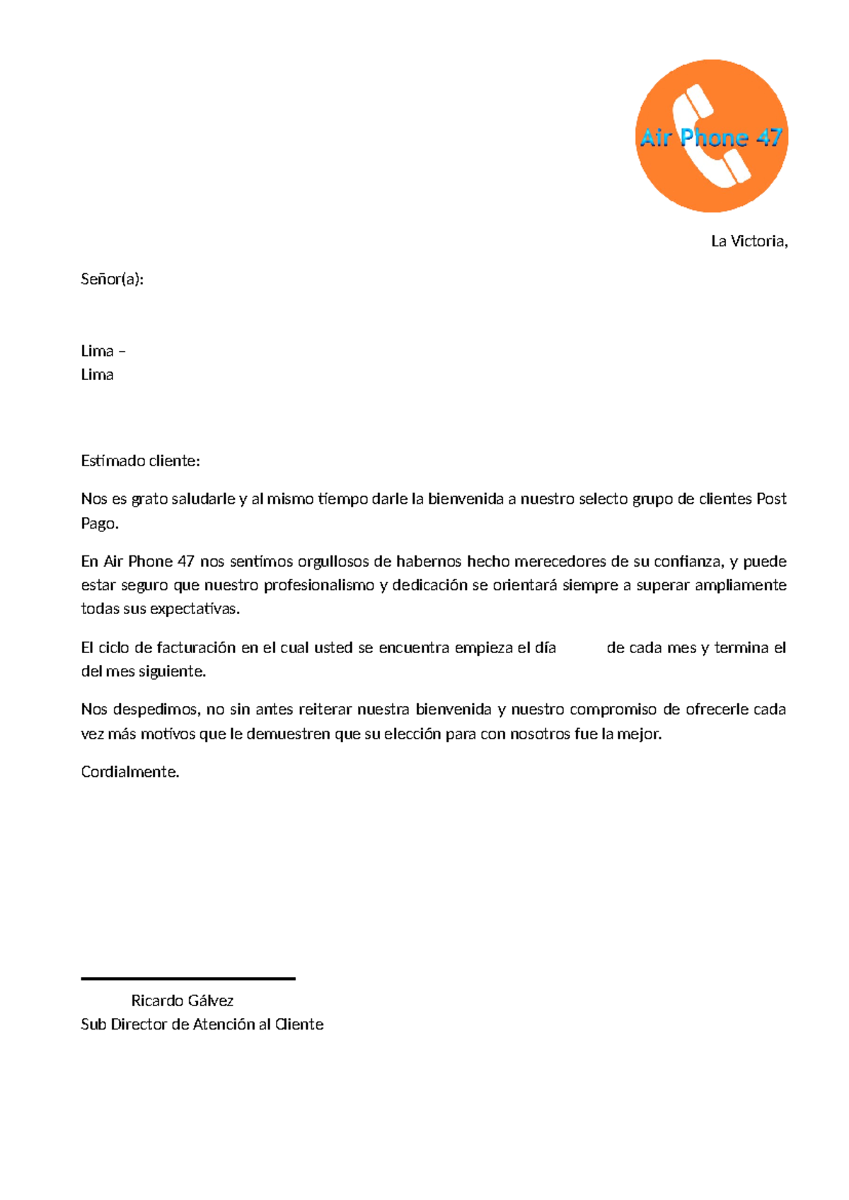 Carta Nº1 - La Victoria, Señor(a): Lima – Lima Estimado cliente: Nos es ...