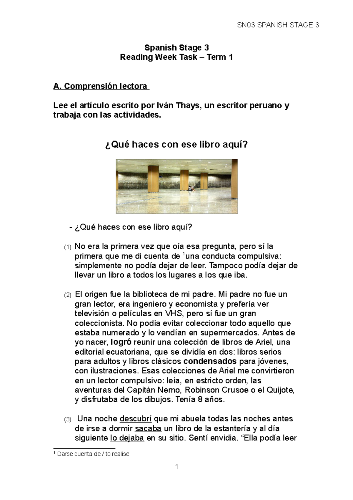 Reading WEEK TASK - Spanish Stage 3 Reading Week Task – Term 1 A ...
