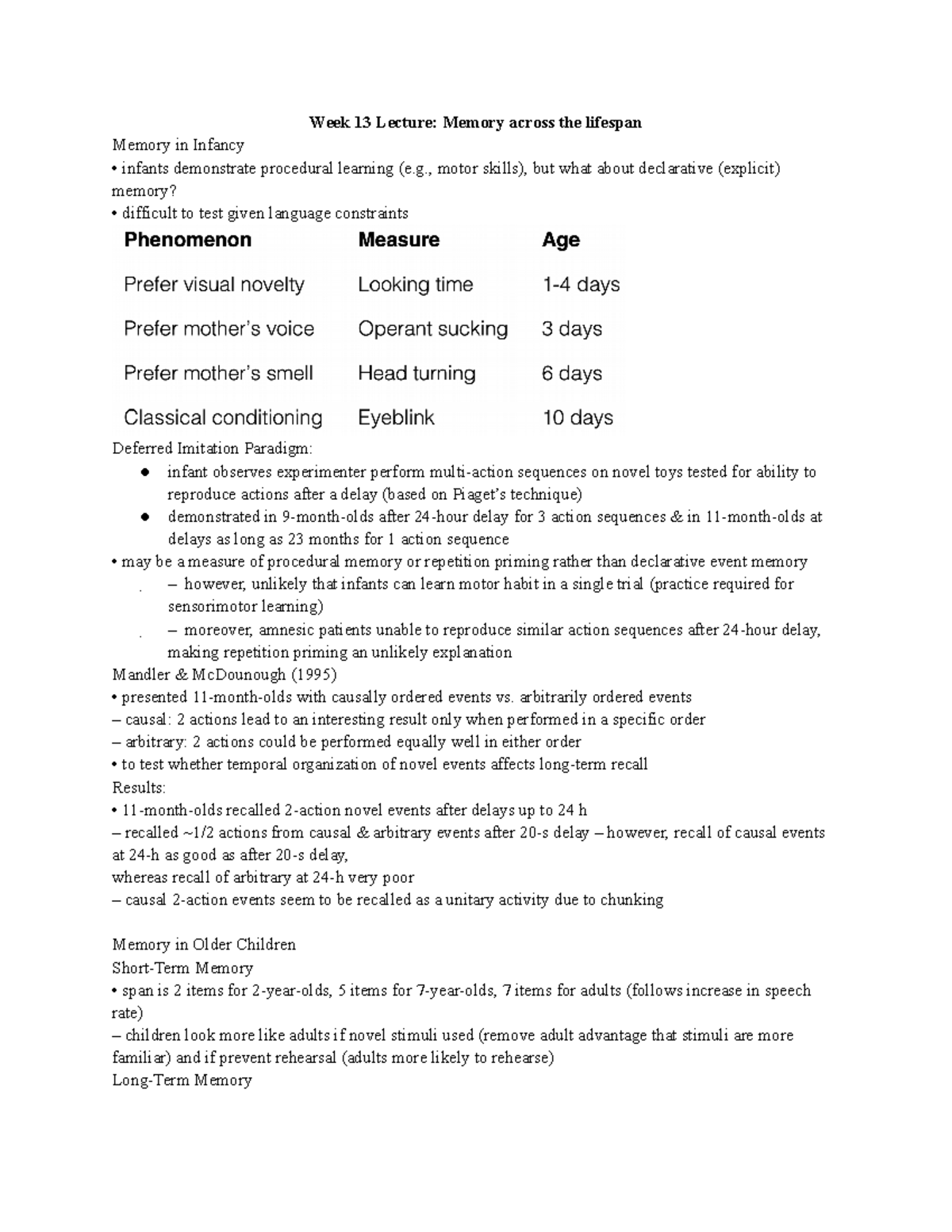 Lecture 7 notes for final - Week 13 Lecture: Memory across the lifespan ...