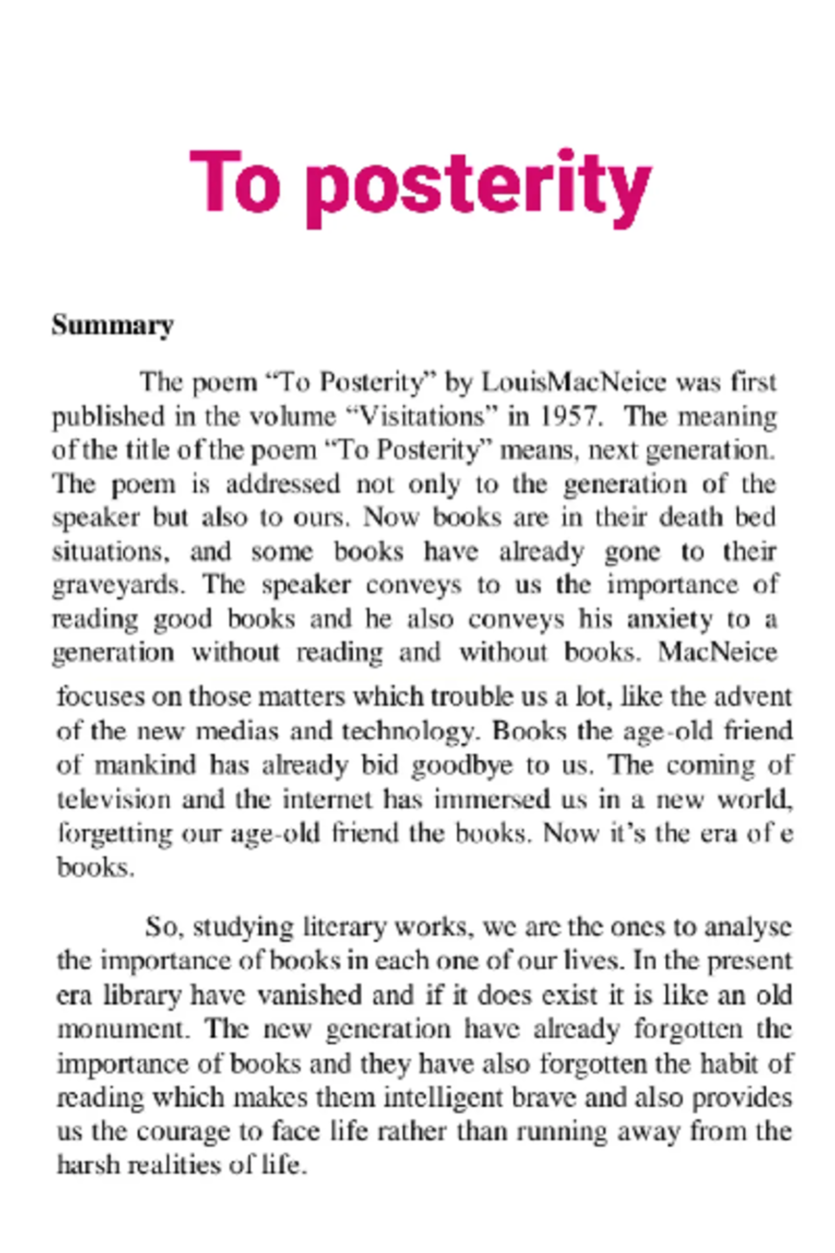 To posterity- summary - English Common course - Studocu
