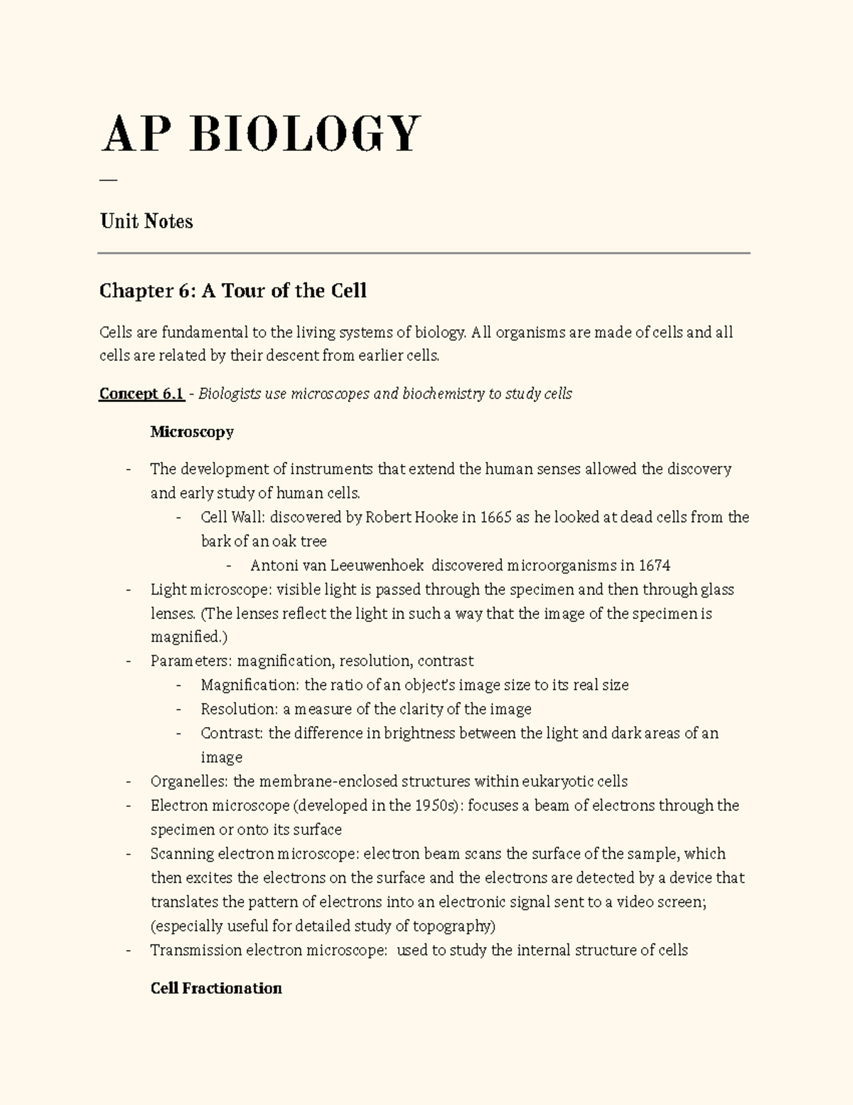 Class notes - AP BIOLOGY ___ Unit Notes Chapter 6: A Tour of the Cell ...