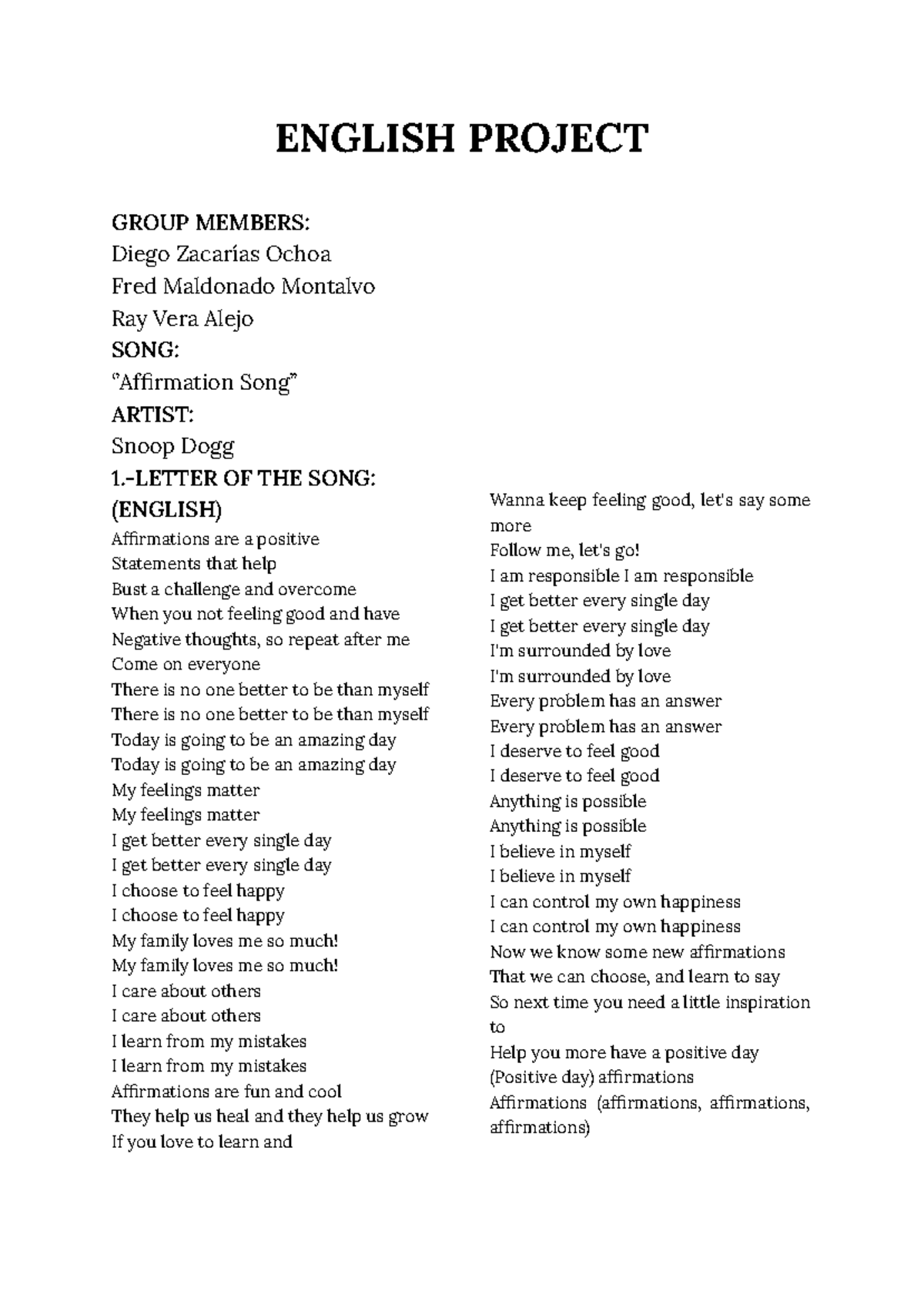 English Project de redacción de textos en ingles y canto de una letra ...