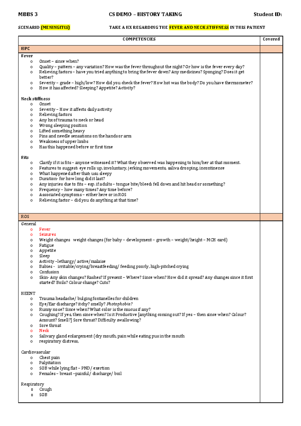 2021 Clinical Skills Rubric (Hx)-1 - SCENARIO (MENINGITIS) TAKE A HX ...