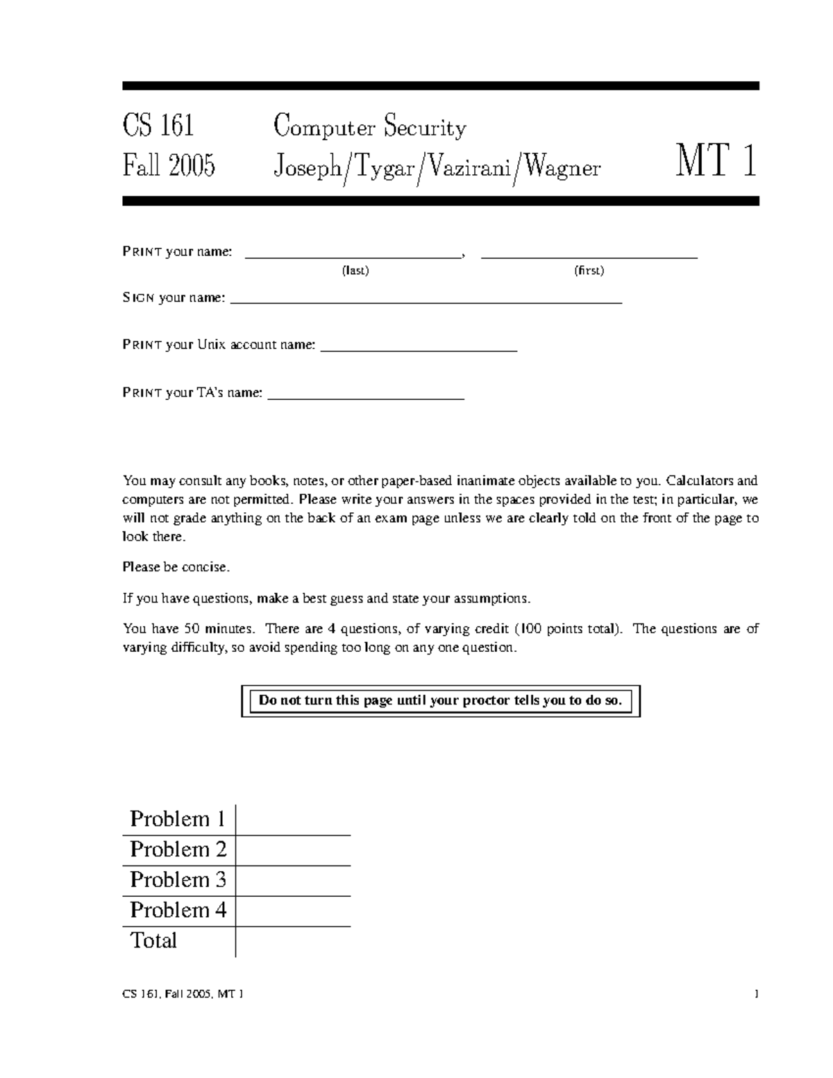 Mt2-f05 - Possible questions for revision - CS 161 Computer Security Fall 2005 - Studocu