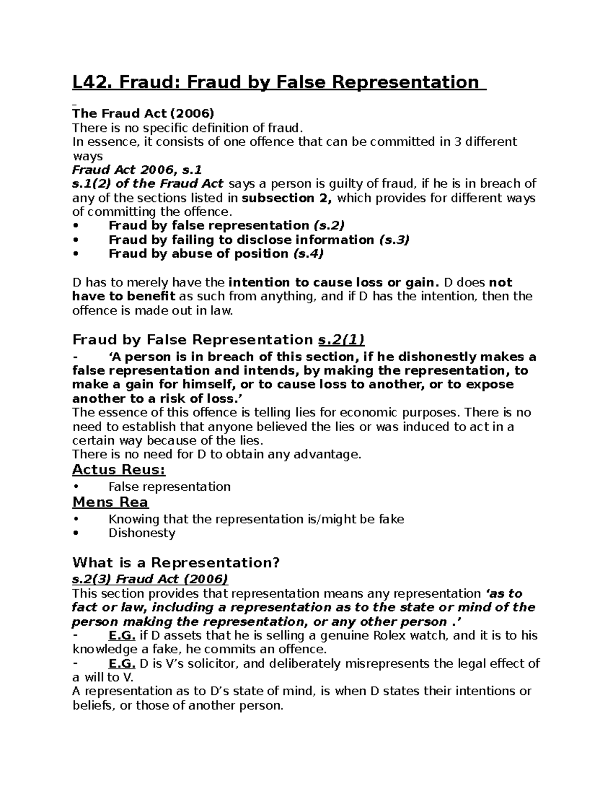 L42. Fraud- Fraud by False Representation - L42. Fraud: Fraud by False ...