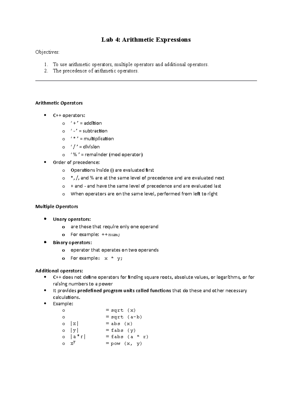 Csc126 Tutorial 4 Lab 4 Arithmetic Expressions Objectives To Use Arithmetic Operators