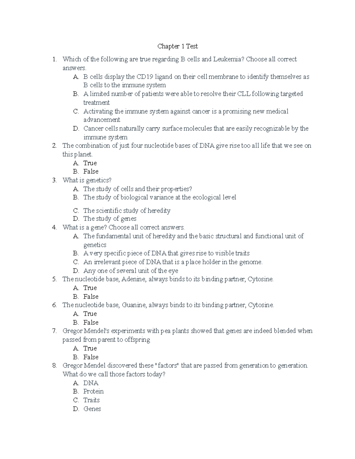Chapter 1 Test Answers - Biol 134 - San Jac - Studocu