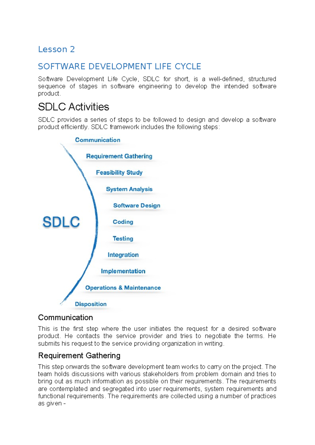 Lesson 2 Notes Simplified - Lesson 2 SOFTWARE DEVELOPMENT LIFE CYCLE ...