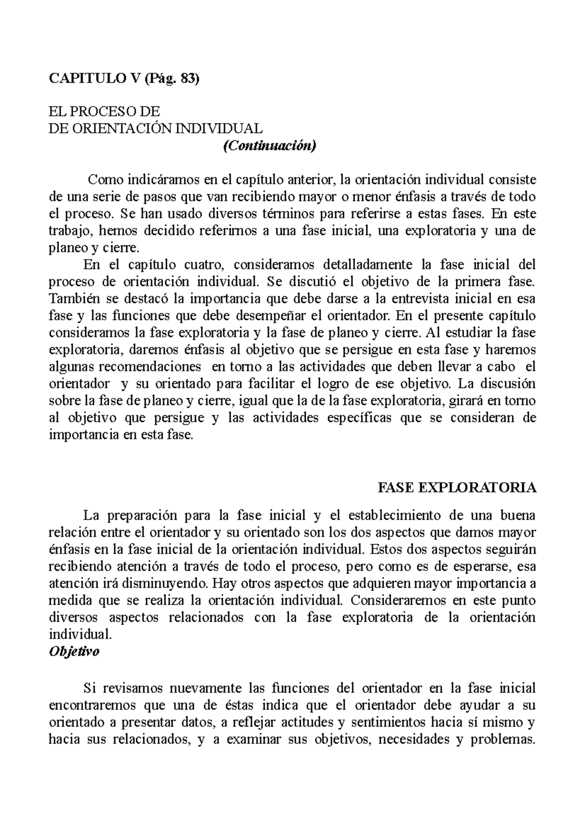 CAP. V. Proceso DE Orientacion Individual - CAPITULO V (Pág. 83) EL ...