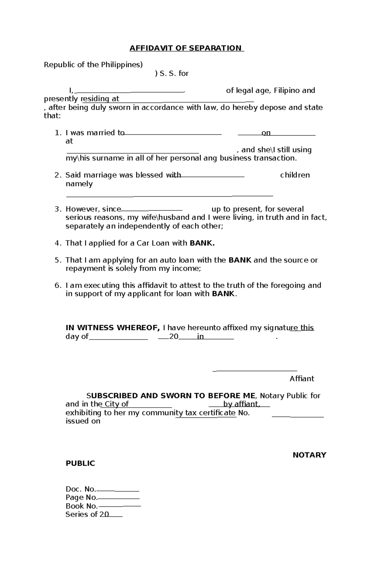 Affidavit OF Separation - AFFIDAVIT OF SEPARATION Republic of the ...
