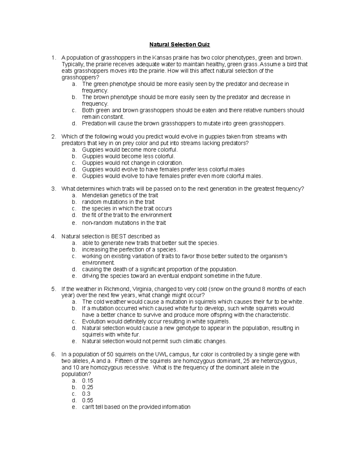 Natural Selection Quiz - Typically, the prairie receives adequate water ...