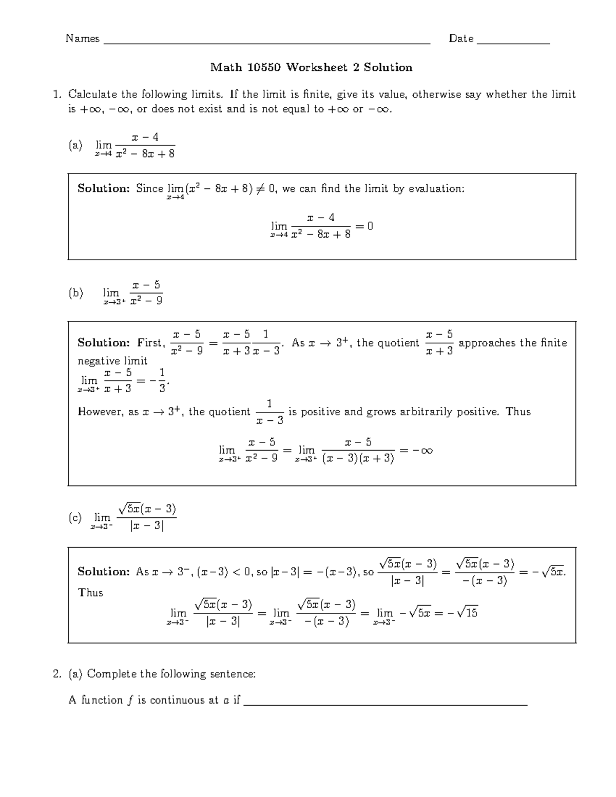 Worksheet 2 key - Names Date Math 10550 Worksheet 2 Solution 1 ...