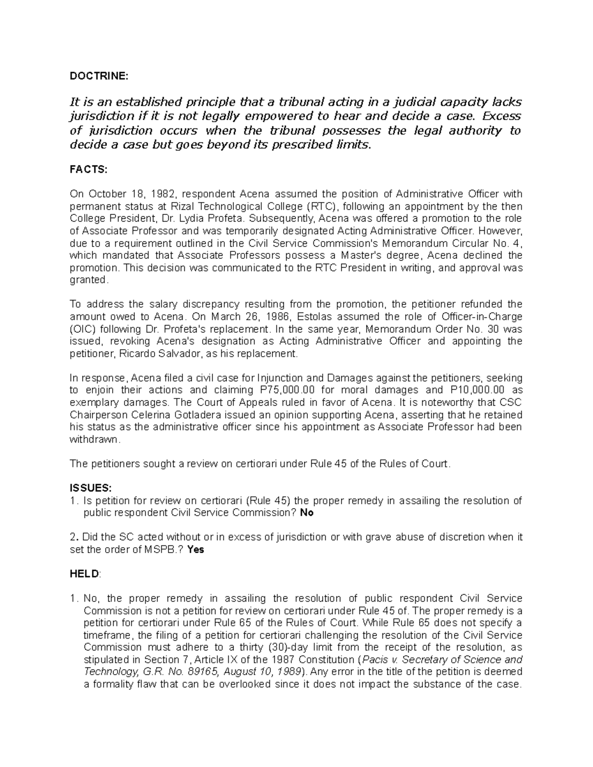 Acena vs. Civil Service Commission - DOCTRINE: It is an established ...