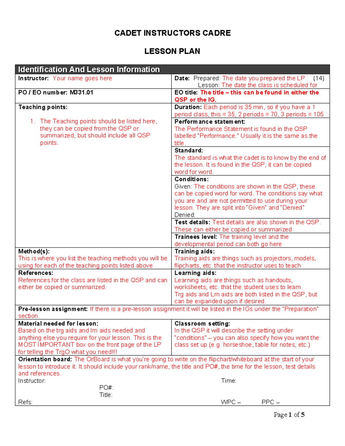 How To Plan A Lesson Template CADET INSTRUCTORS CADRE LESSON PLAN