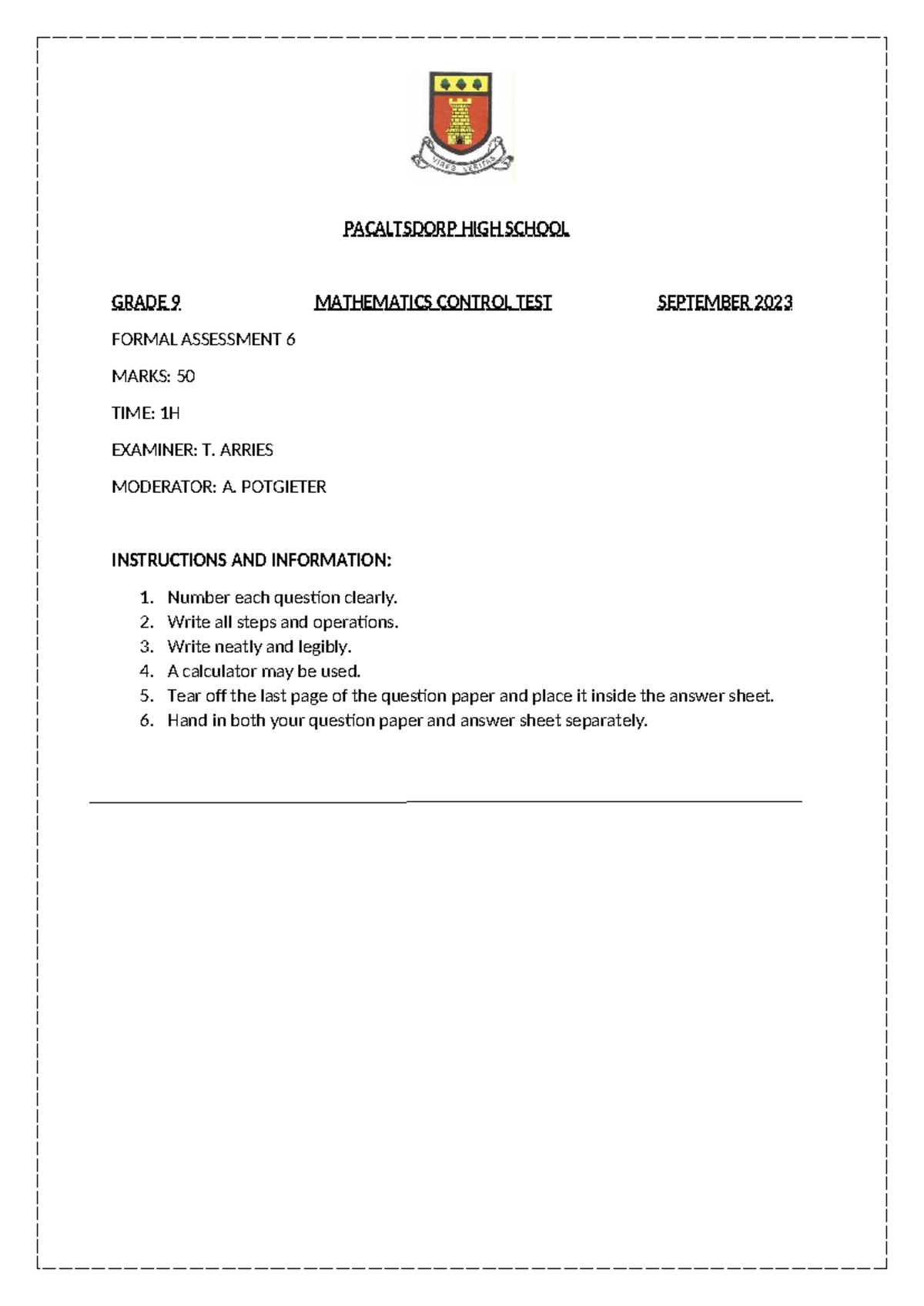 Grade 9 term 3 control test - PACALTSDORP HIGH SCHOOL GRADE 9 ...