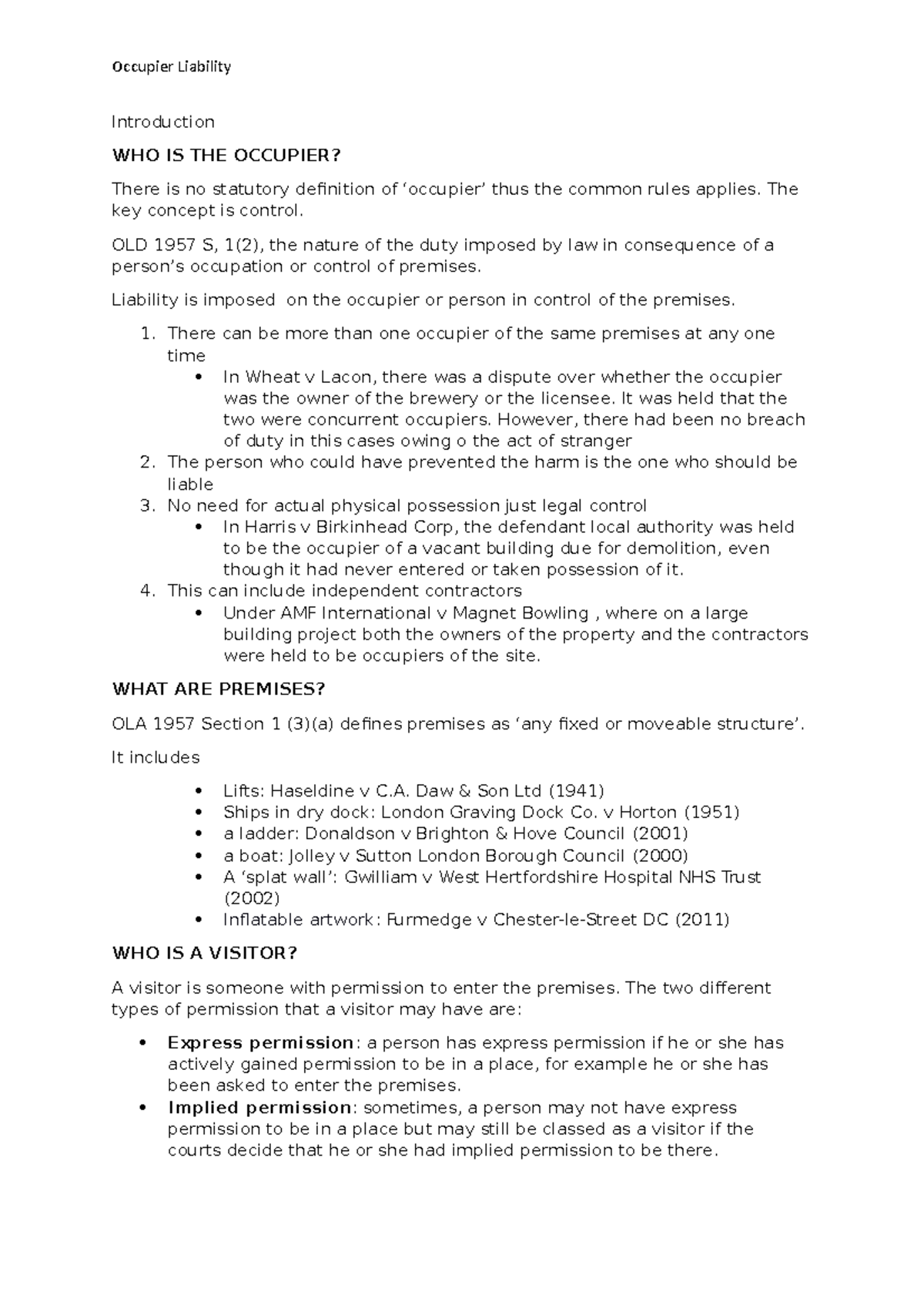 Occupier Liability Notes - Introduction WHO IS THE OCCUPIER? There is ...