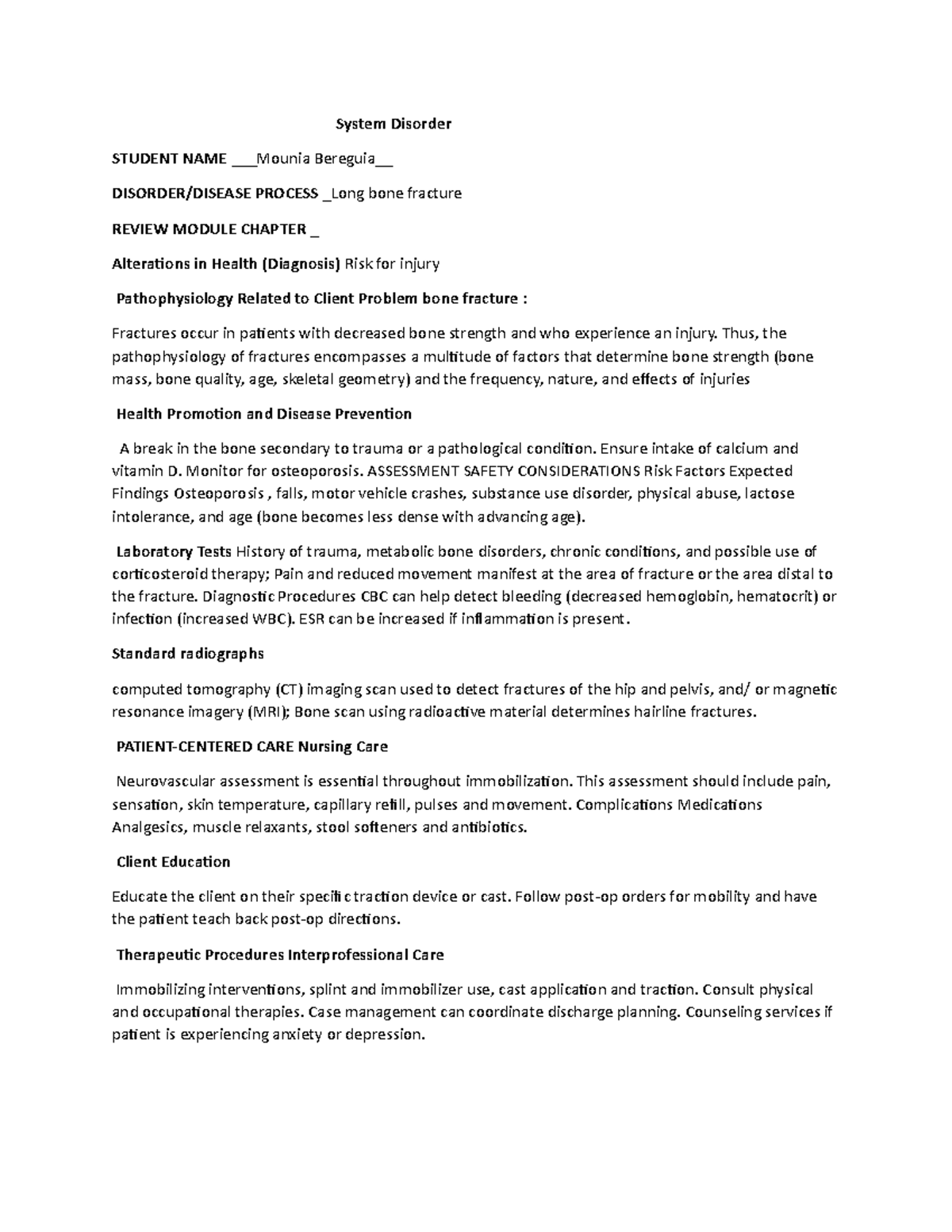 Fracture system disorder - System Disorder STUDENT NAME _Mounia ...