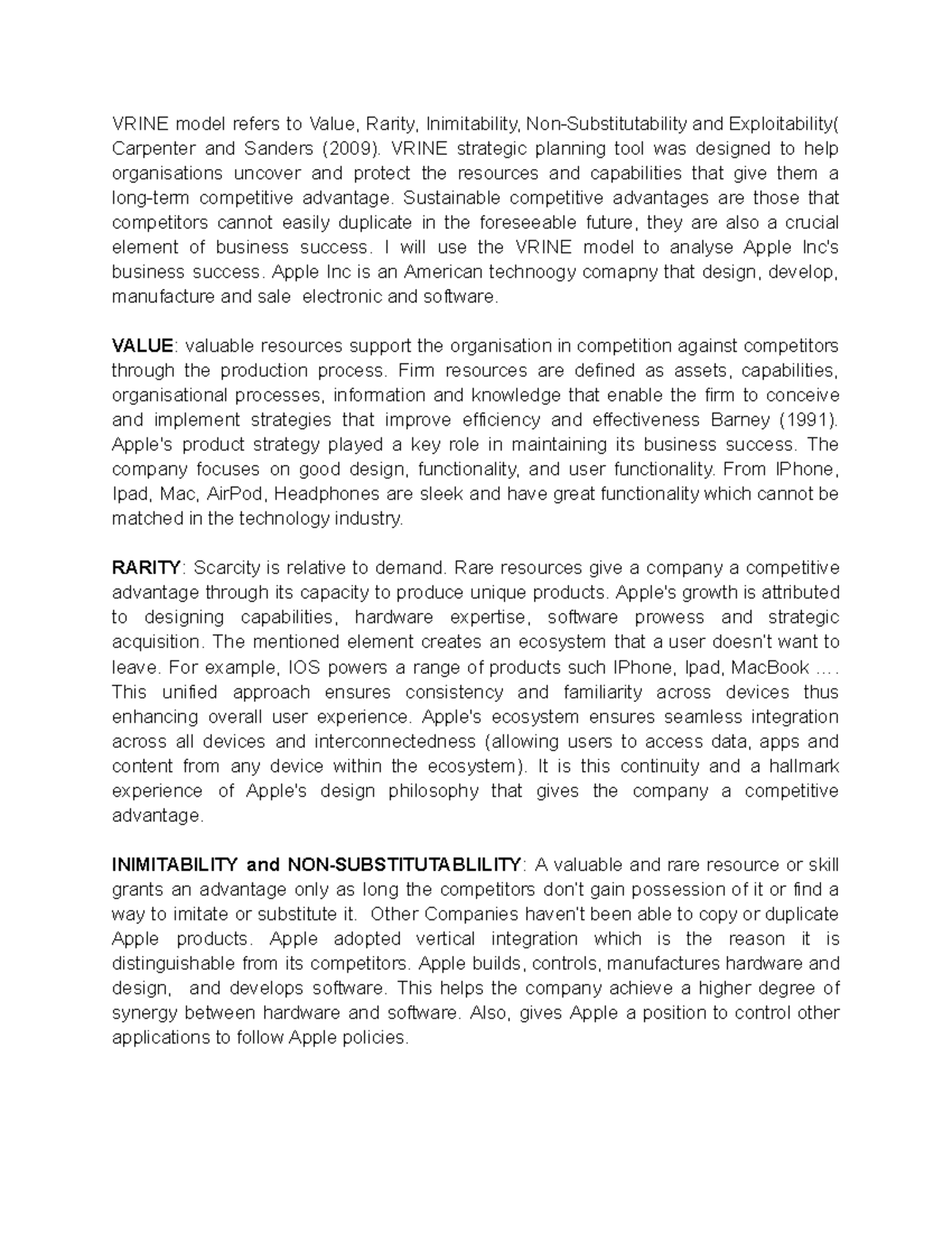 Vrine Apple Inc - Discussion Task - VRINE model refers to Value, Rarity ...
