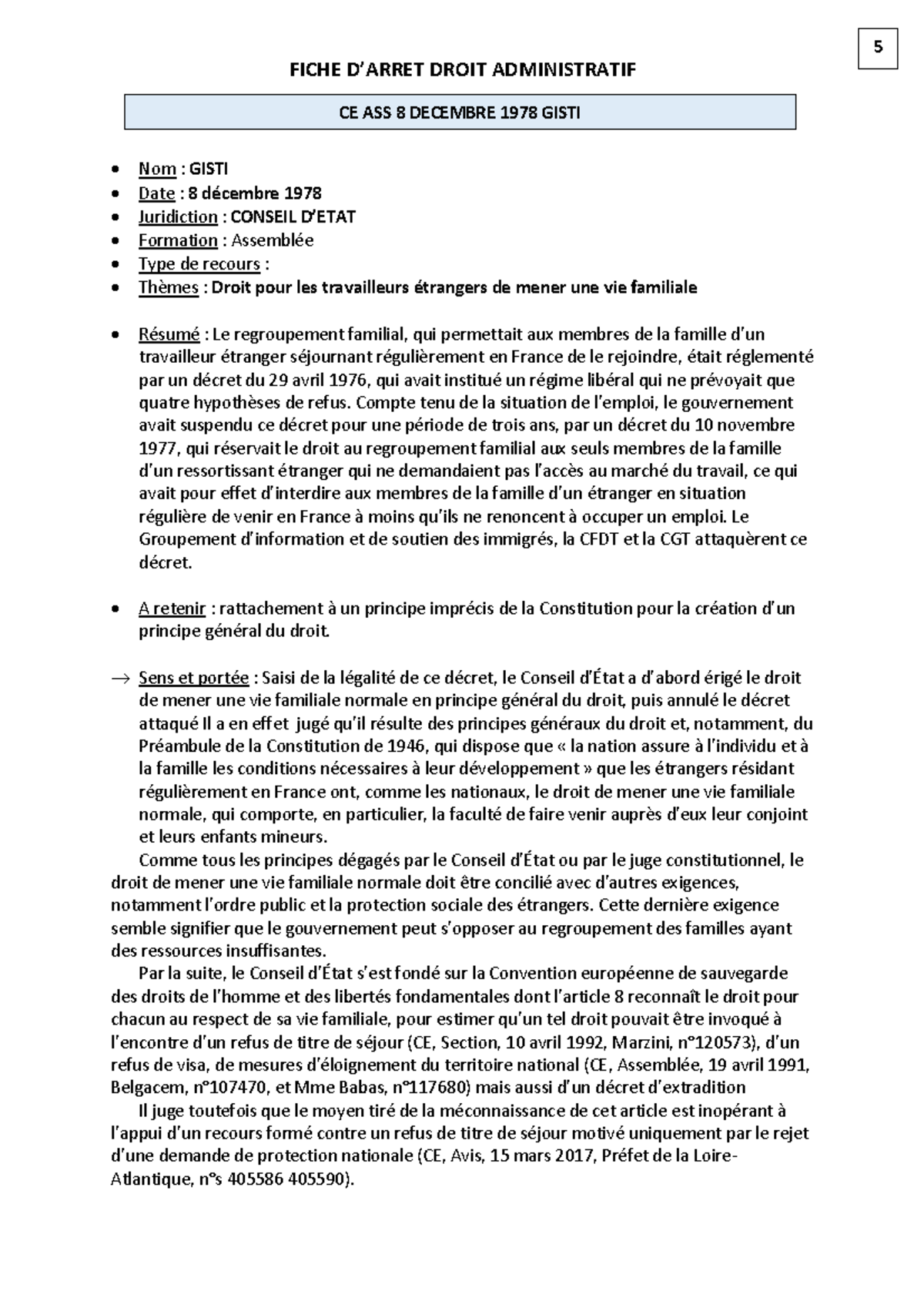 CE 8 Decembre 1978 Gisti - FICHE D’ARRET DROIT ADMINISTRATIF Nom ...