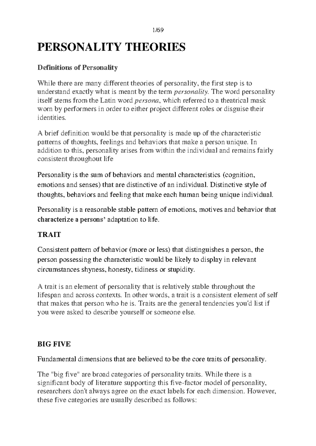 Personality psychology theories and notes - PERSONALITY THEORIES ...