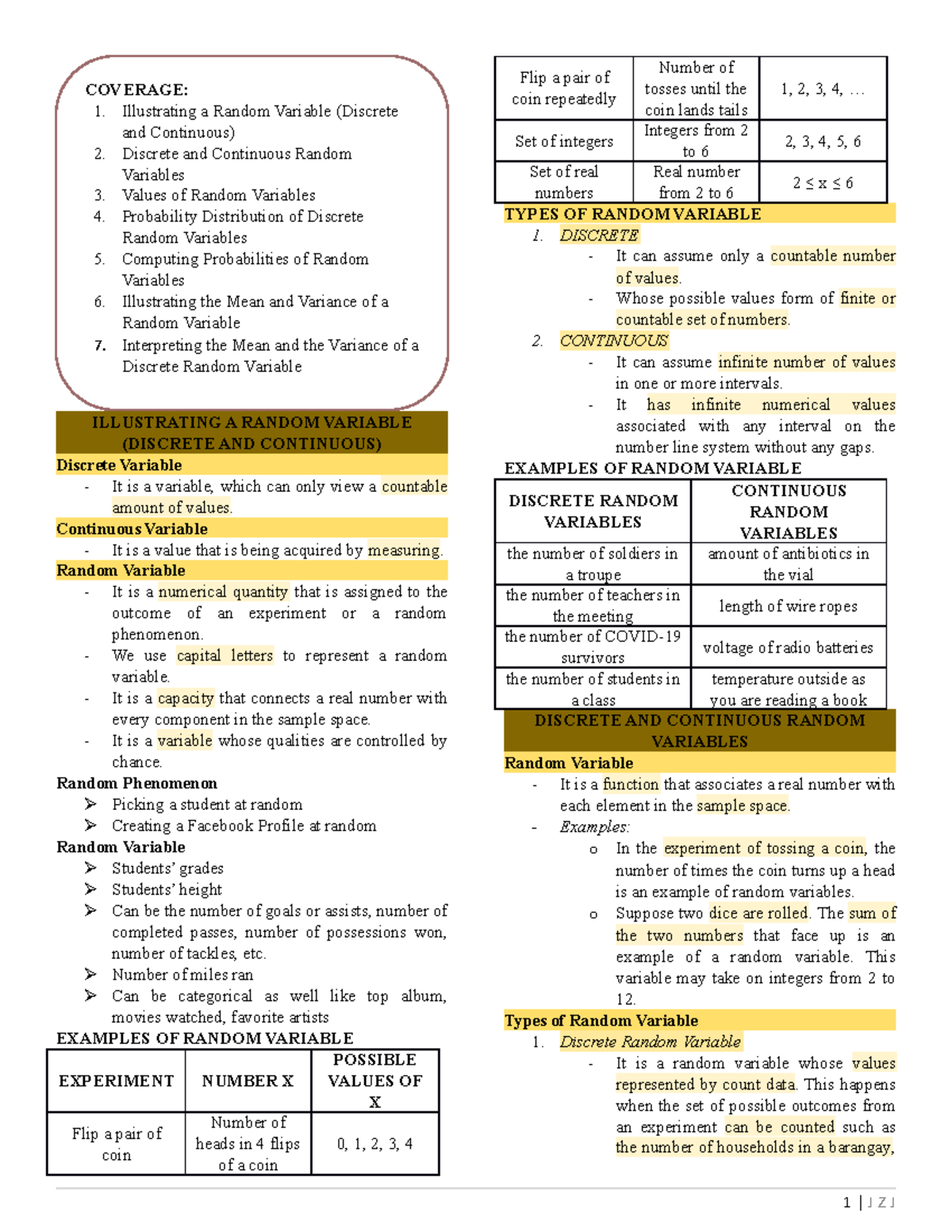 Statistics and Probability - ILLUSTRATING A RANDOM VARIABLE (DISCRETE ...