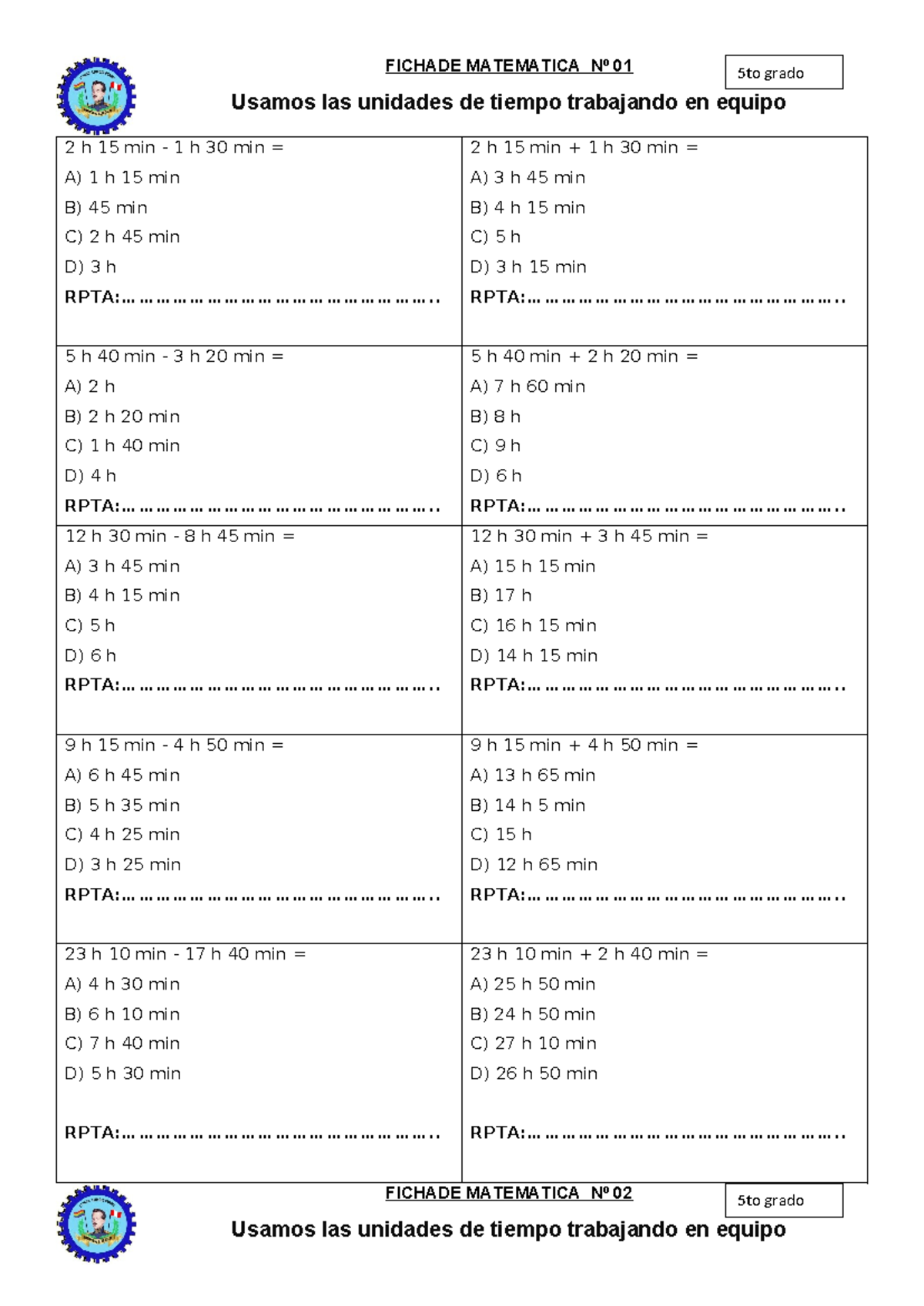 Ficha DE Medidas DE Conversion Tiempo - FICHADE MATEMATICA Nº 01 Usamos ...