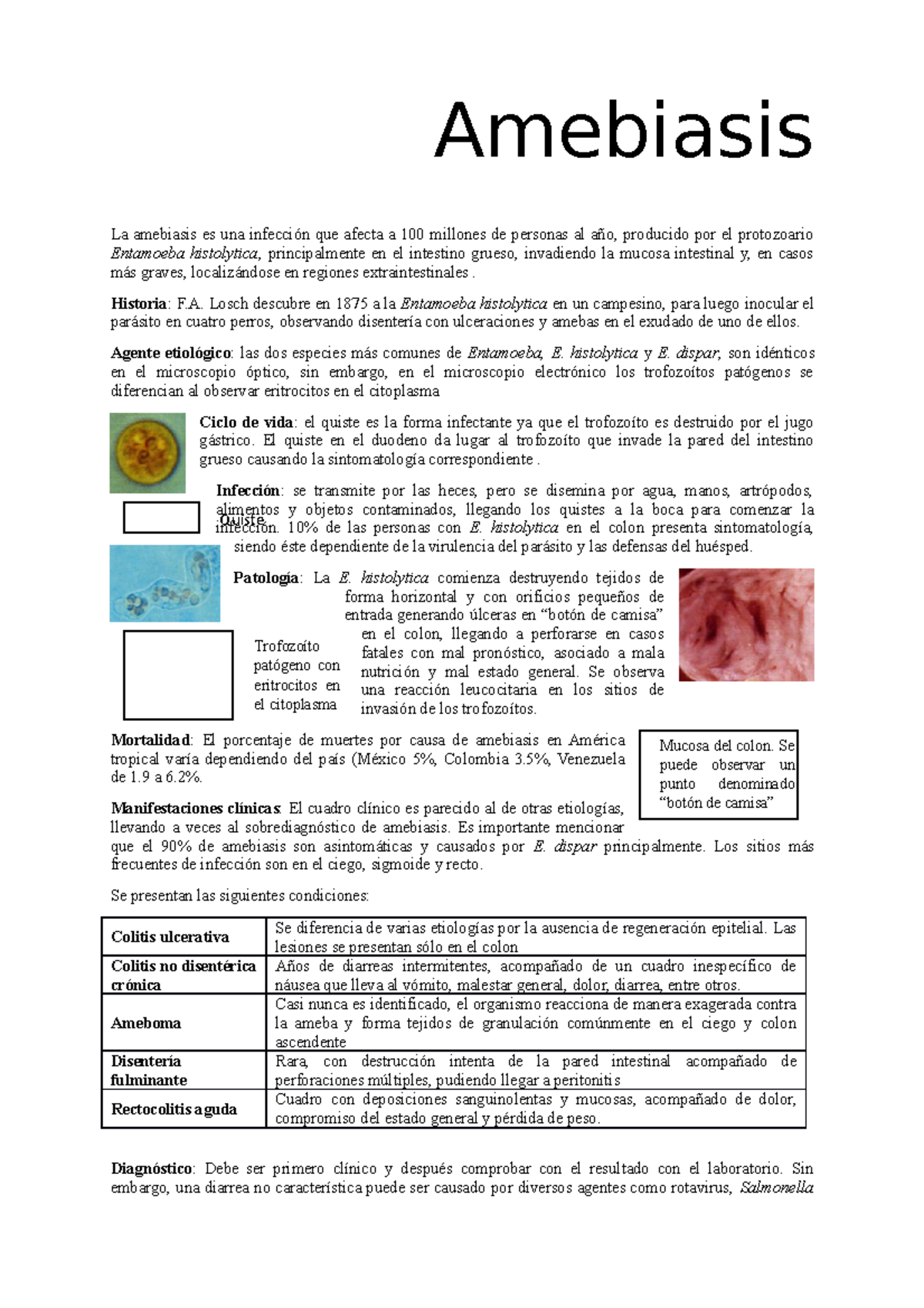 Amebiasis - Amebiasis La amebiasis es una infección que afecta a 100 ...