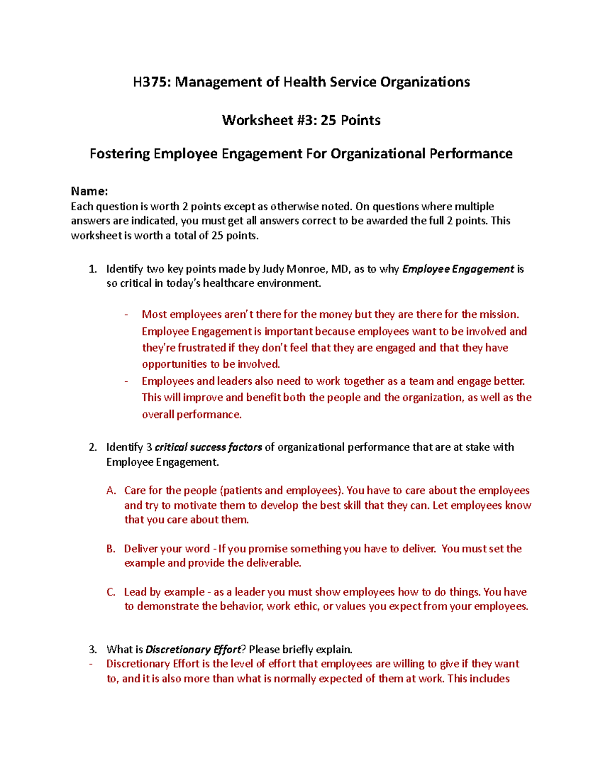 Fostering Employee Engagement Worksheet - H375: Management of Health ...