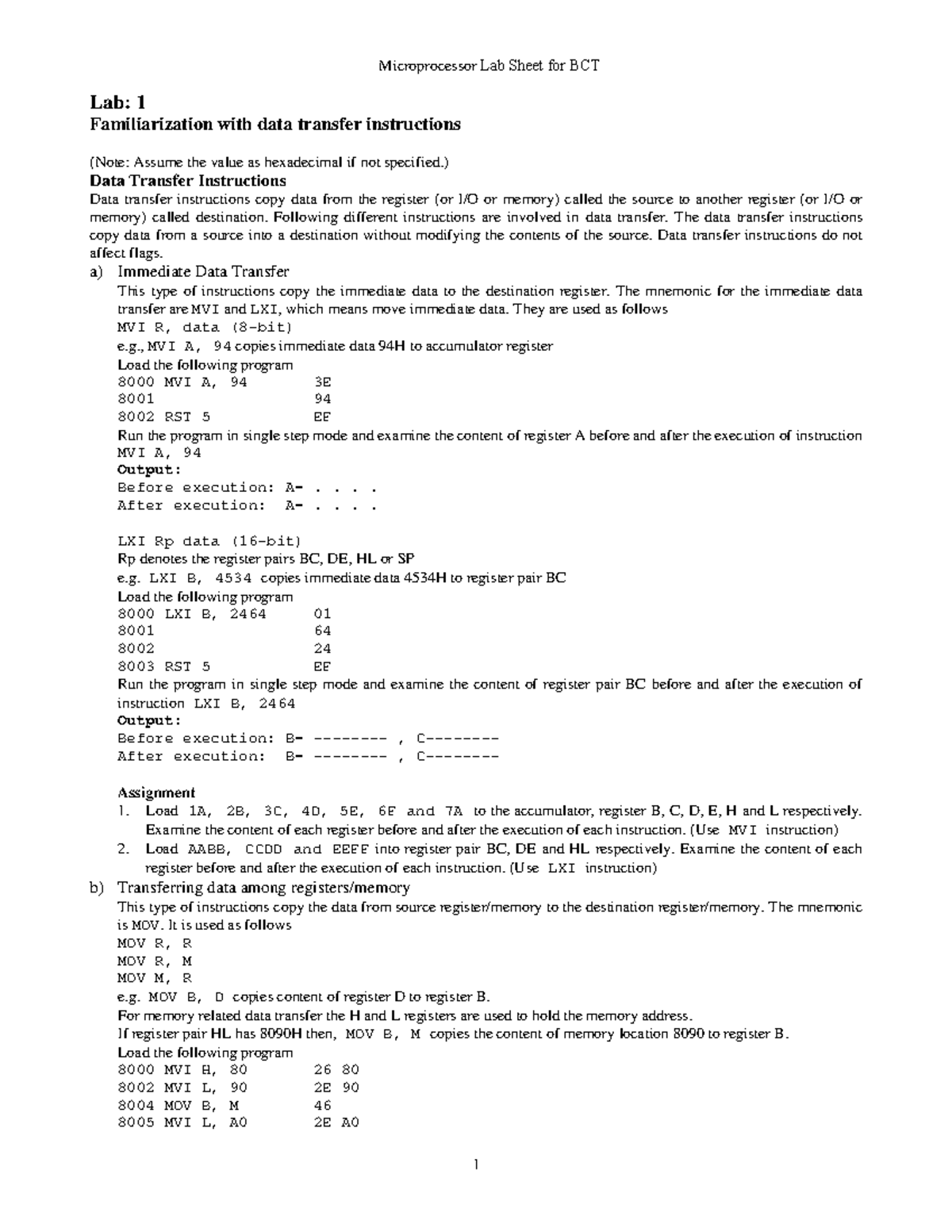 Lab 1 Data Transfer Instructions Lab 1 Familiarization With Data Transfer Instructions