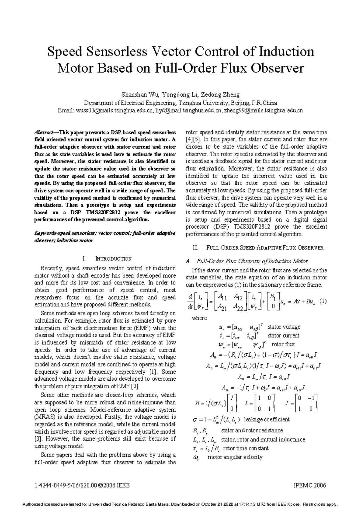 Speed Sensorless Vector Control Of Induction Motor Based On Full Order